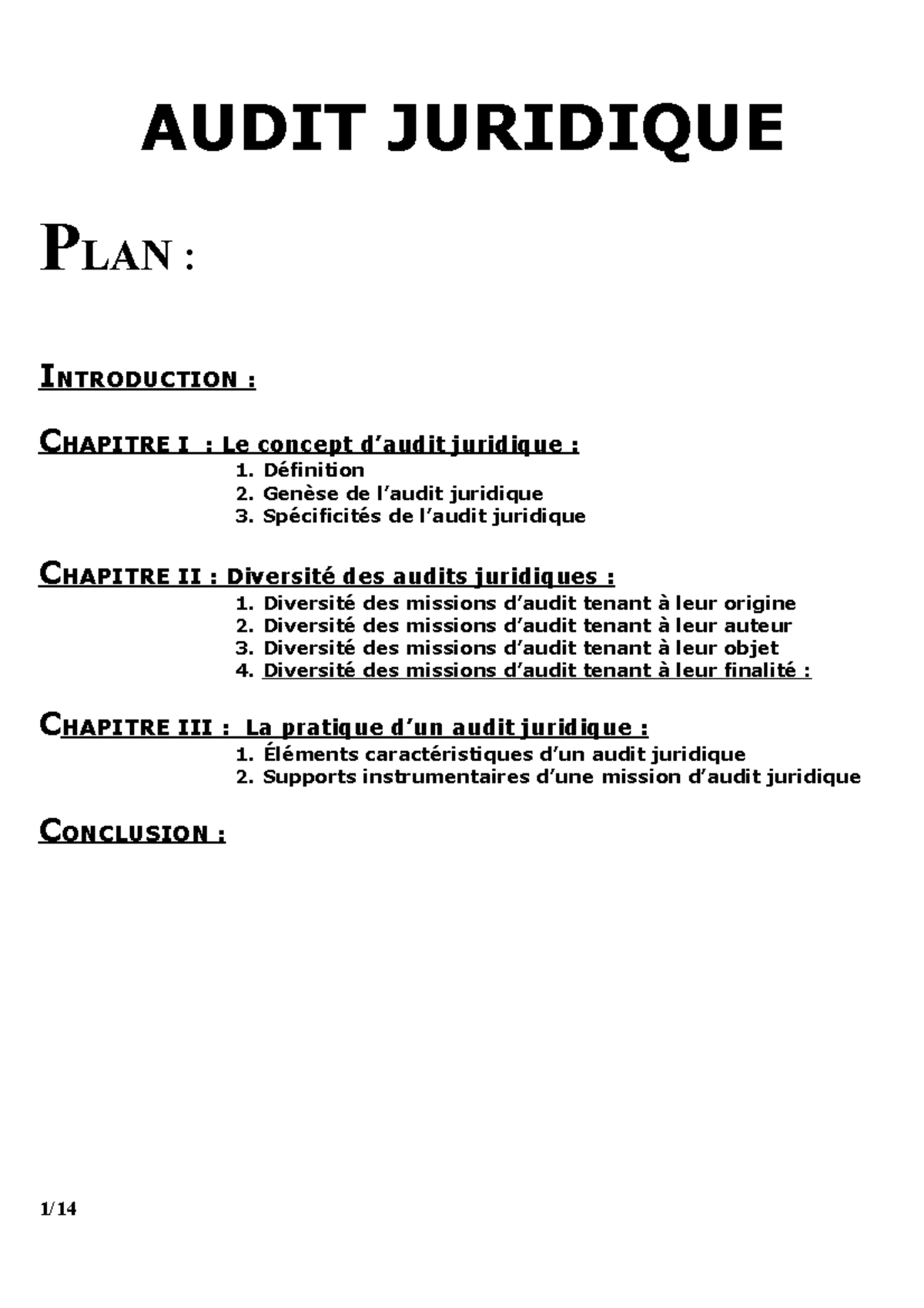 270578987-Audit-Juridique - AUDIT JURIDIQUE PLAN : INTRODUCTION : CHAPITRE I : Le concept d ...
