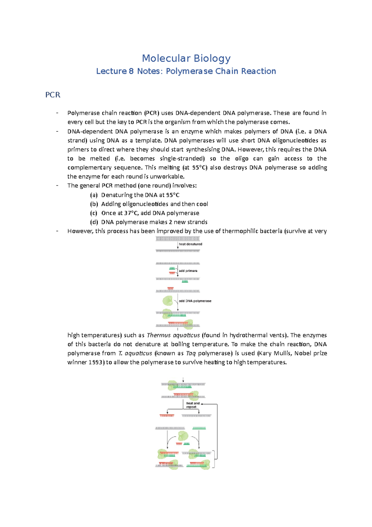 Lecture 8 Notes (Polymerase Chain Reaction) - Molecular Biology Lecture ...
