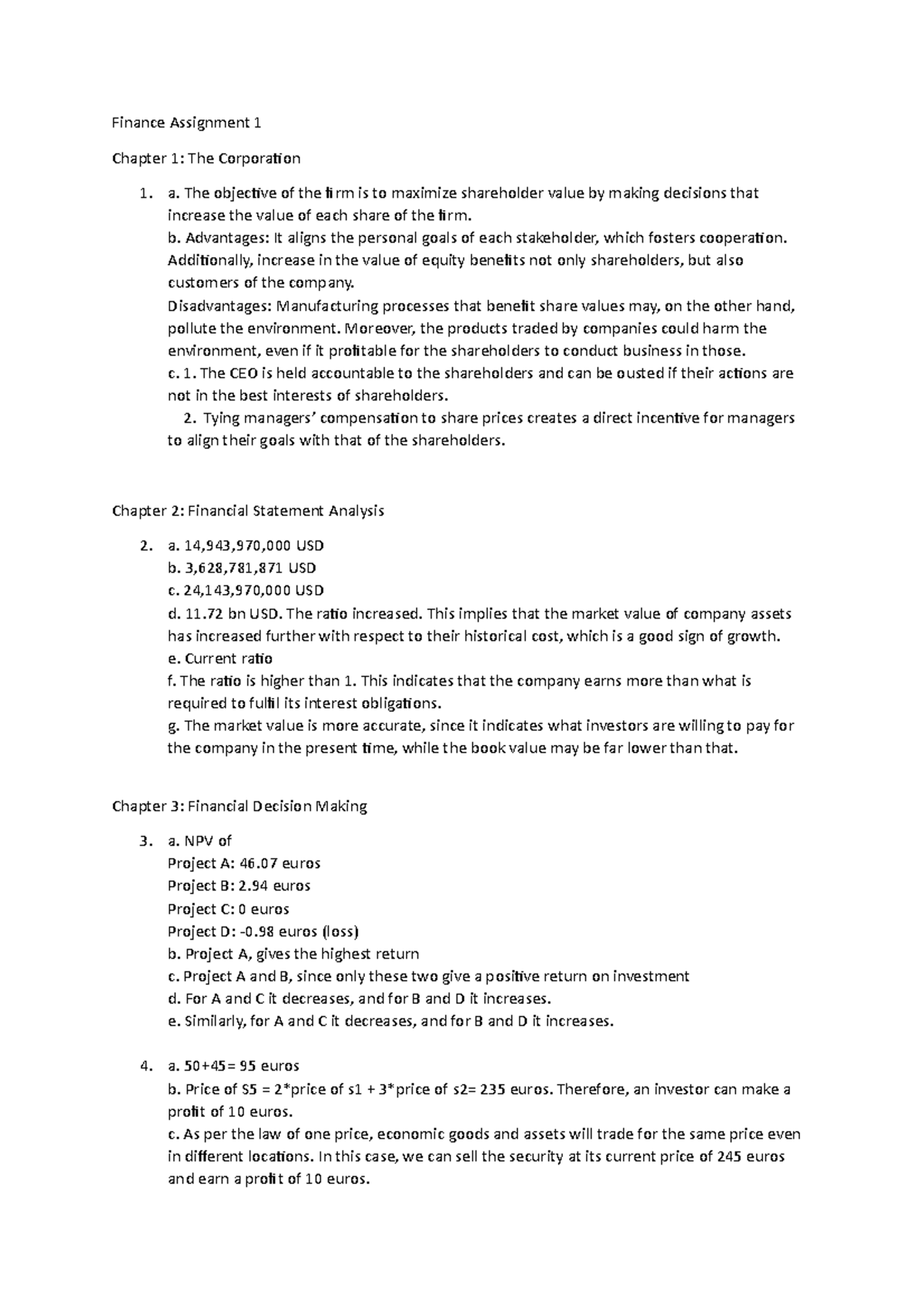 Finance 1 Assignment 1 - Finance Assignment 1 Chapter 1: The ...