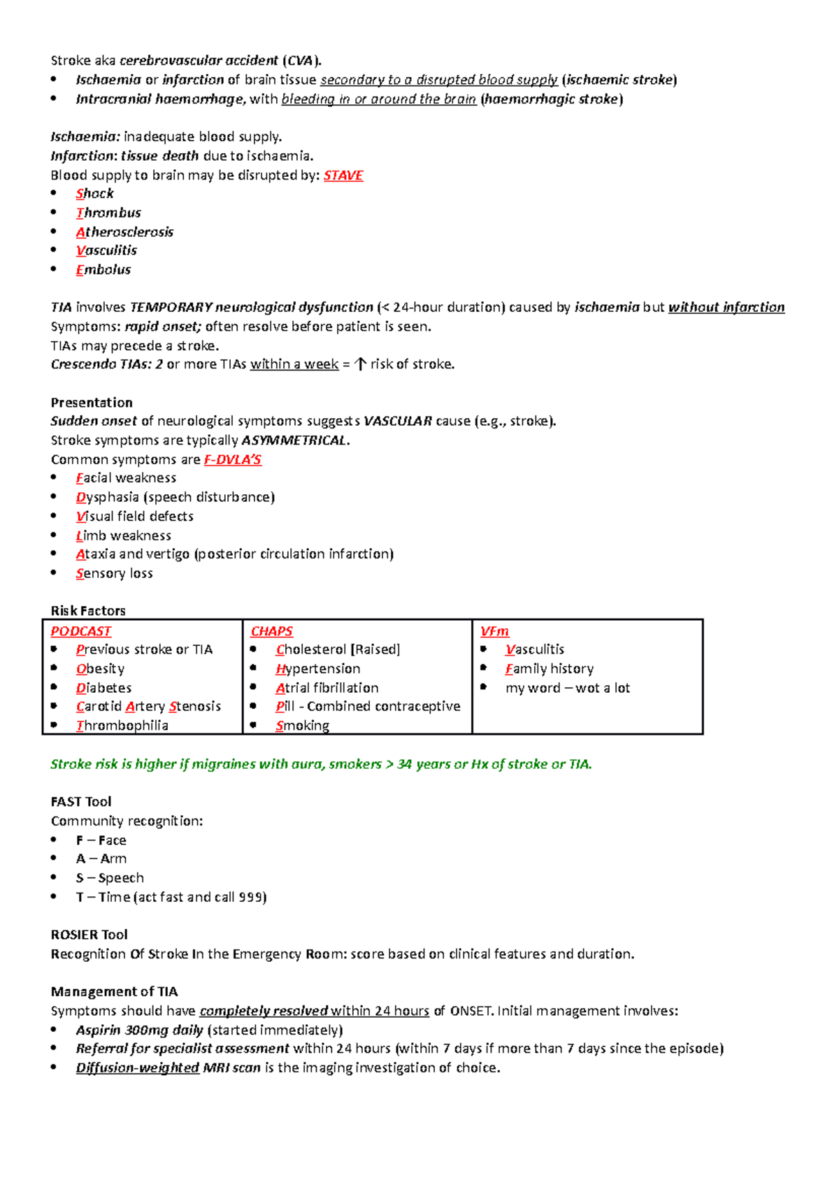 Bedside teaching notes - Stroke aka cerebrovascular accident (CVA ...