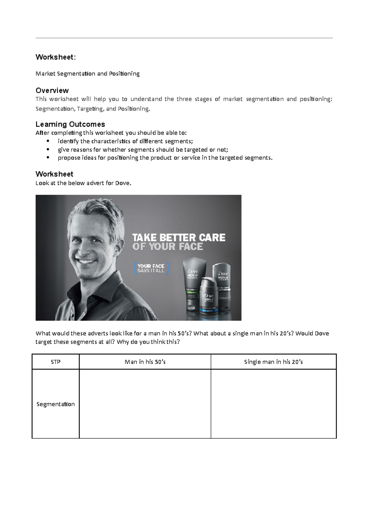 Worksheet - Market Segmentation and Positioning - Worksheet: Market ...