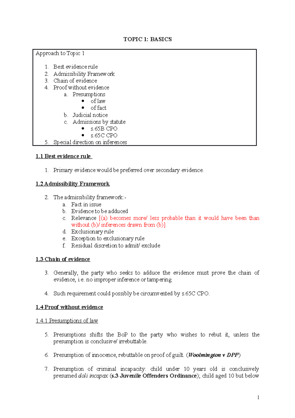Evidence Notes for Exam - TOPIC 1: BASICS Approach to Topic 1 1. 2. 3 ...