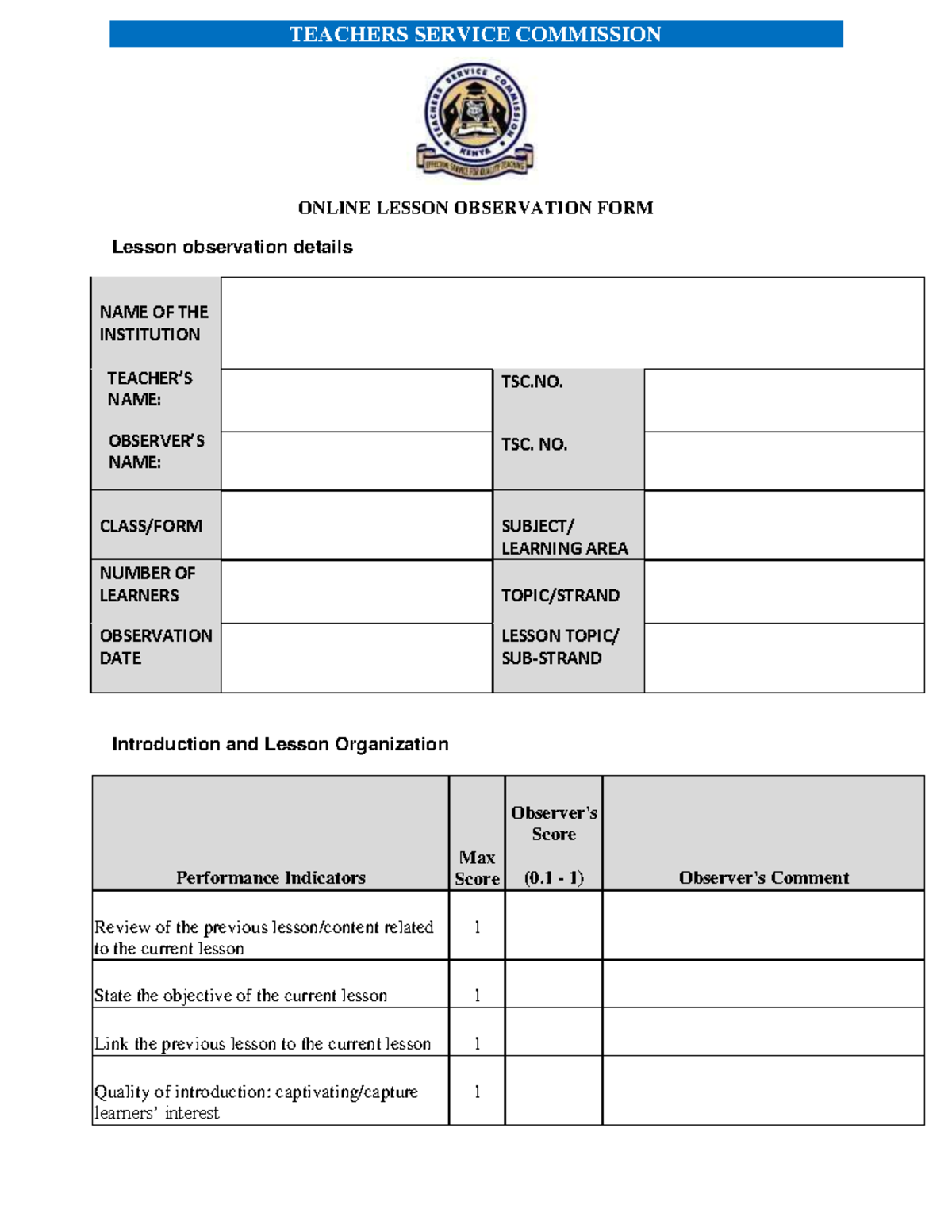 Online- Lesson- Observation-FORM - TEACHERS SERVICE COMMISSION ONLINE ...