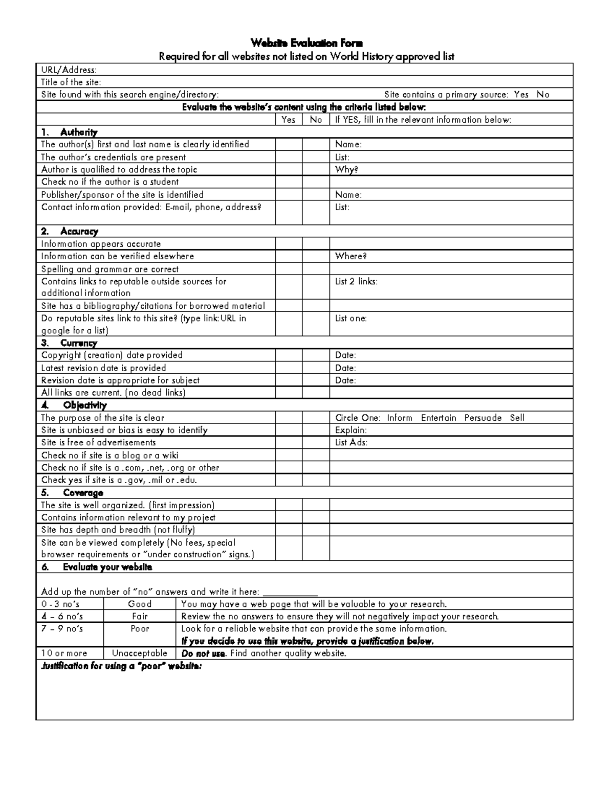 Websiteevaluationform - Website Evaluation Form Required for all ...