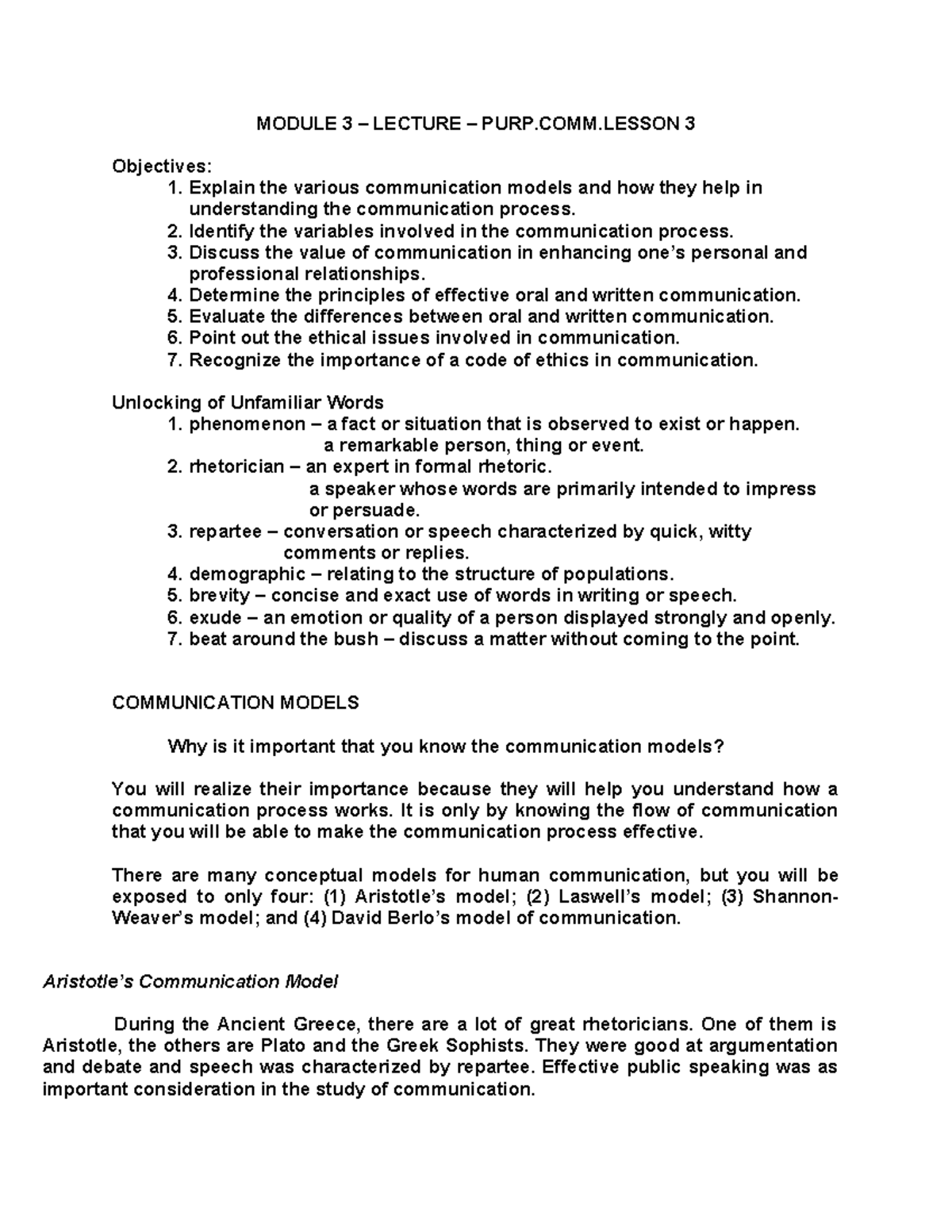 Module 3 Lecture PURP - MODULE 3 – LECTURE – PURP.COMM 3 Objectives: 1 ...