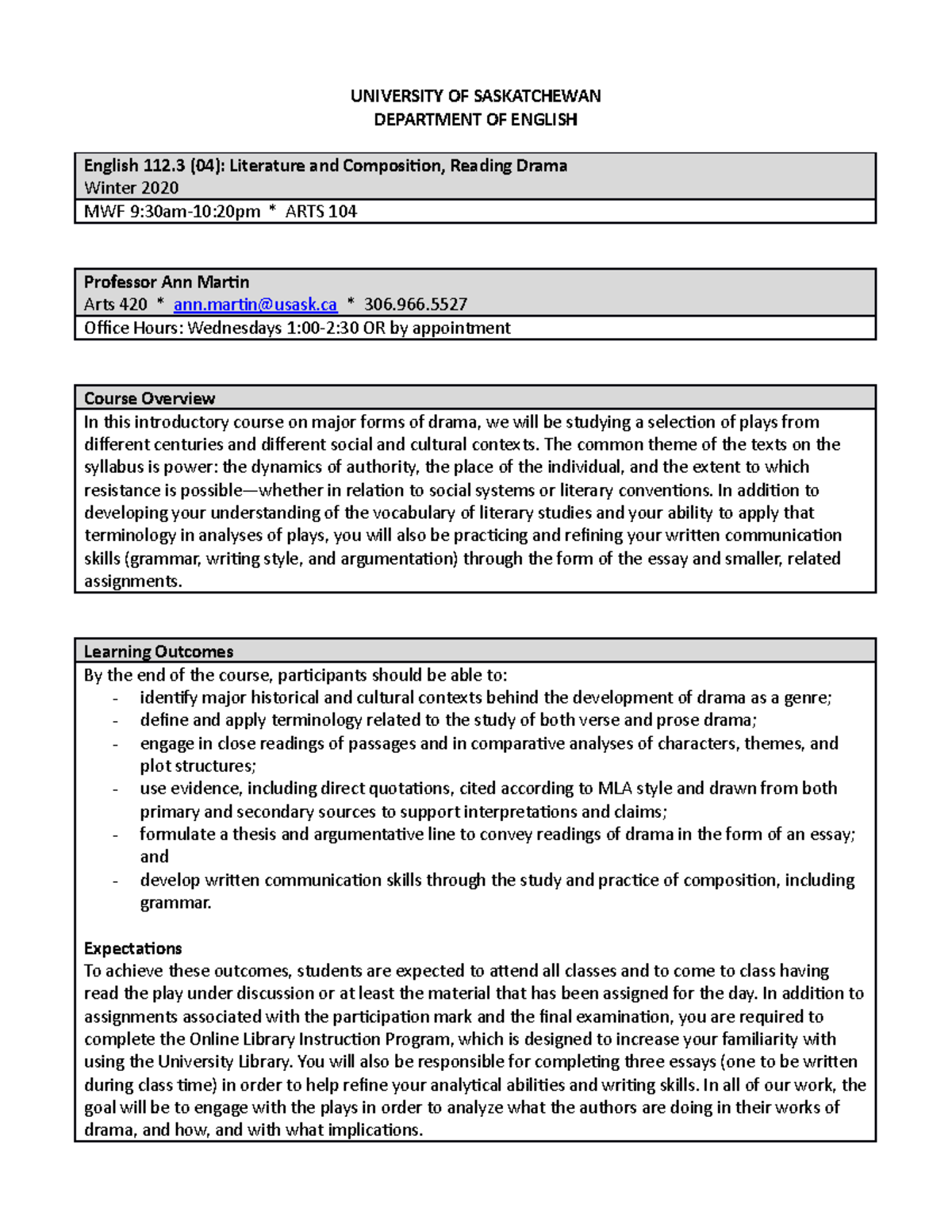 ENG 112 Syllabus W2020 - UNIVERSITY OF SASKATCHEWAN DEPARTMENT OF ...