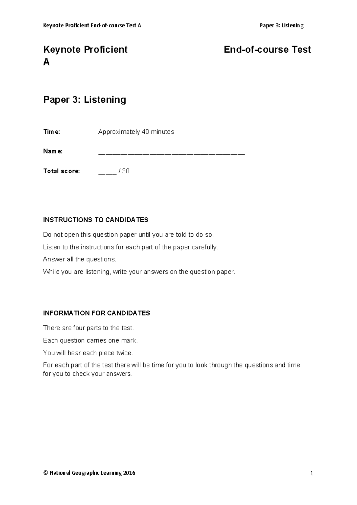 Prof End-of-course Test A Paper 3 - Keynote Proficient End-of-course ...