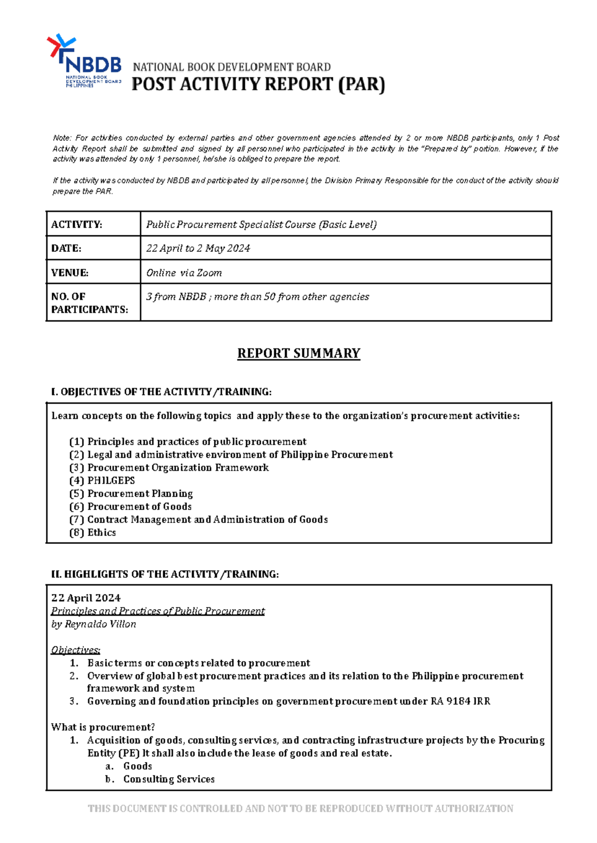 PAR - Basic Course on Procurement for signature - Note: For activities ...