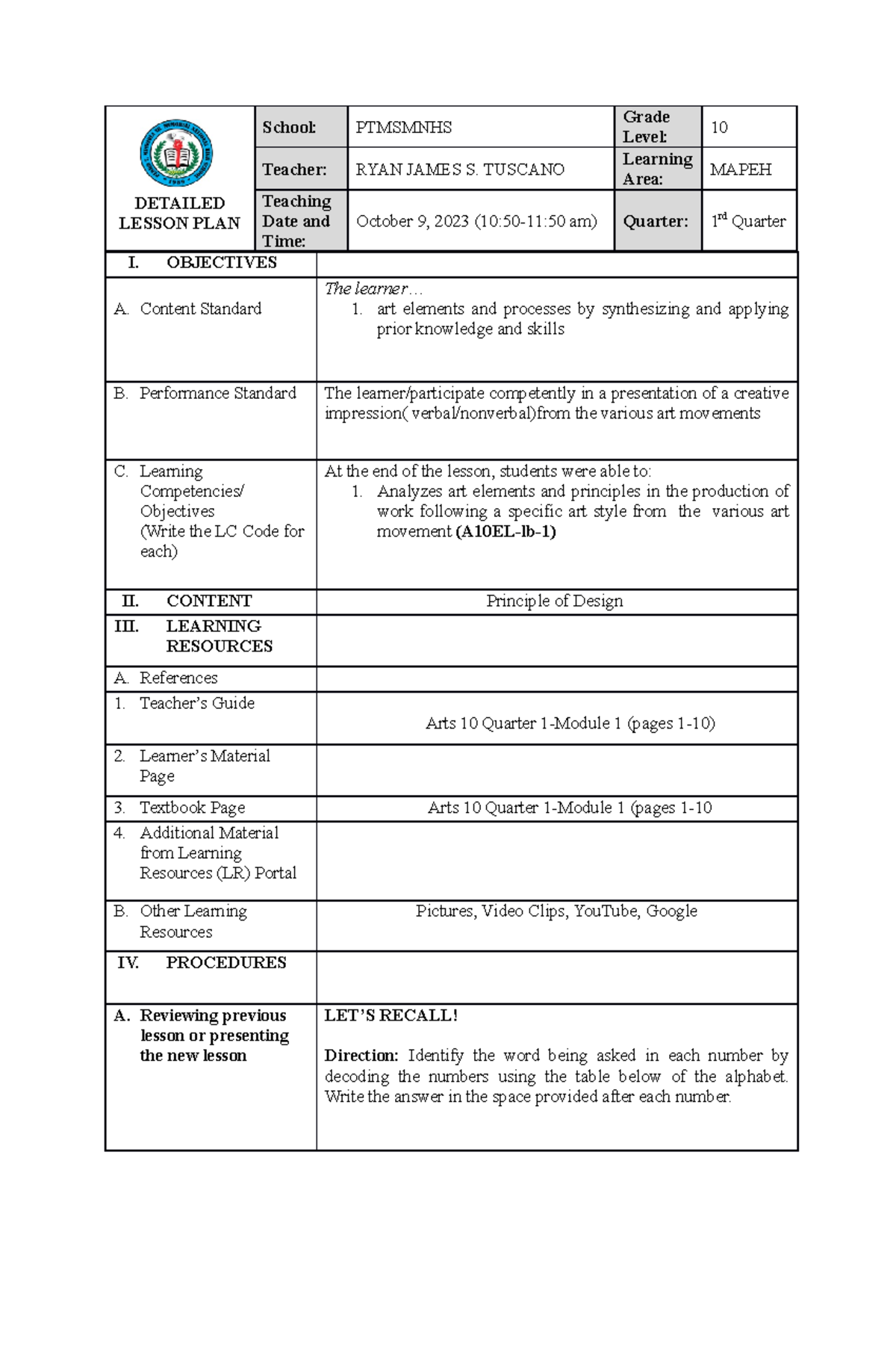 Lesson Plan Final demo ARTS - DETAILED LESSON PLAN School: PTMSMNHS ...