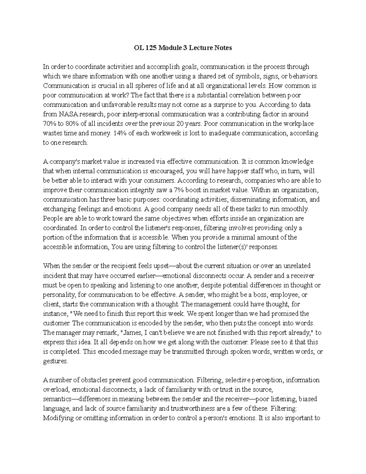 OL 125 Module 3 Lecture Notes - OL 125 Module 3 Lecture Notes In order ...