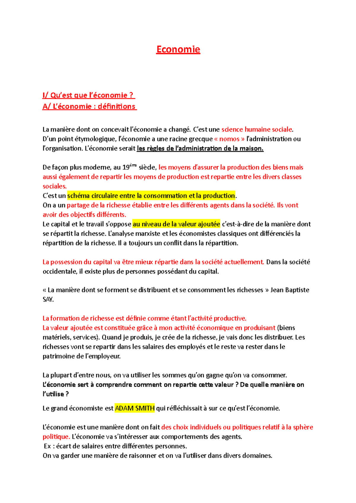 Economie - Notes de cours 1 - Economie I/ Qu’est que l’économie? A/ L ...