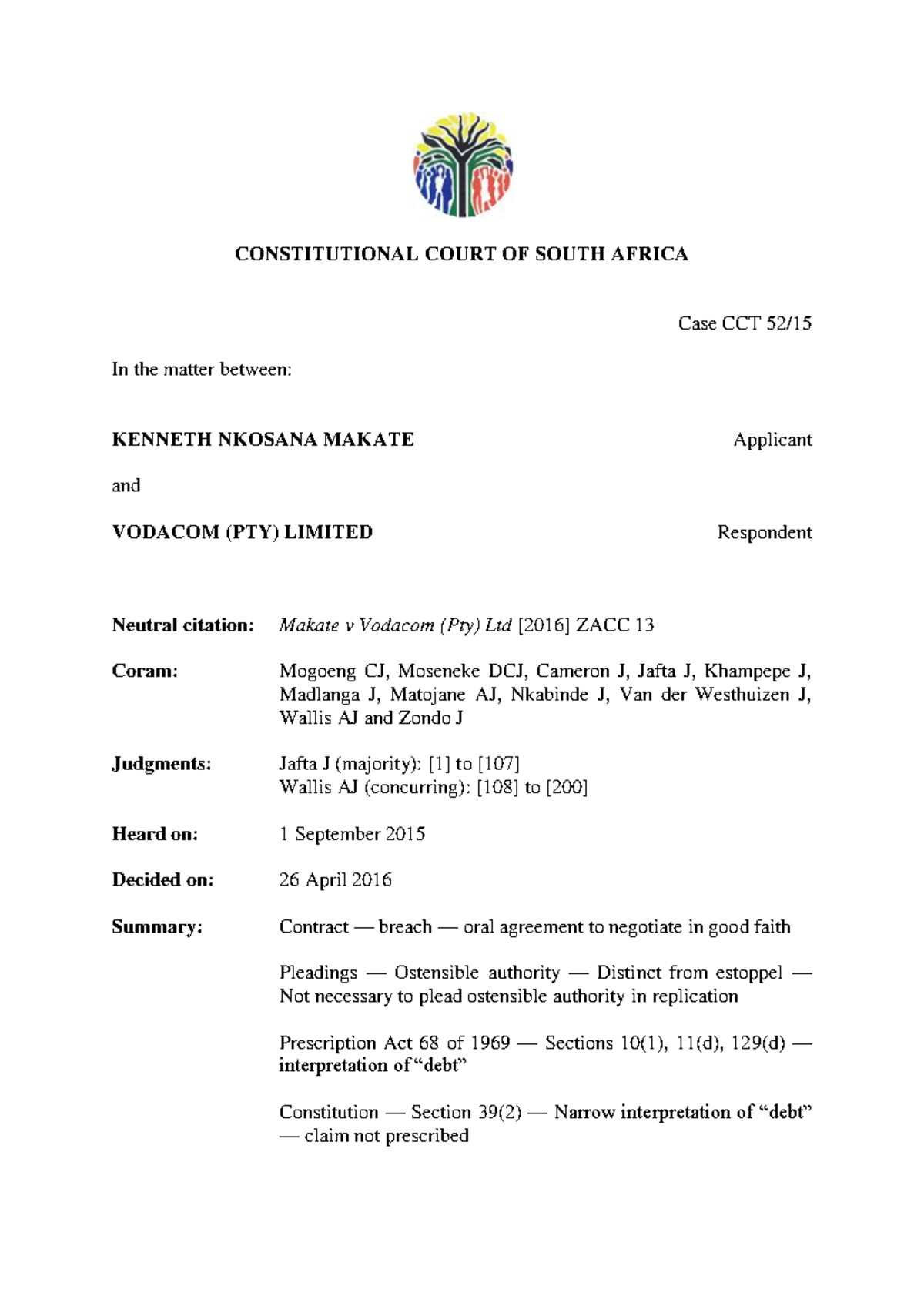 13 - makate vs vodacom - CONSTITUTIONAL COURT OF SOUTH AFRICA Case CCT 52/ In the matter between ...