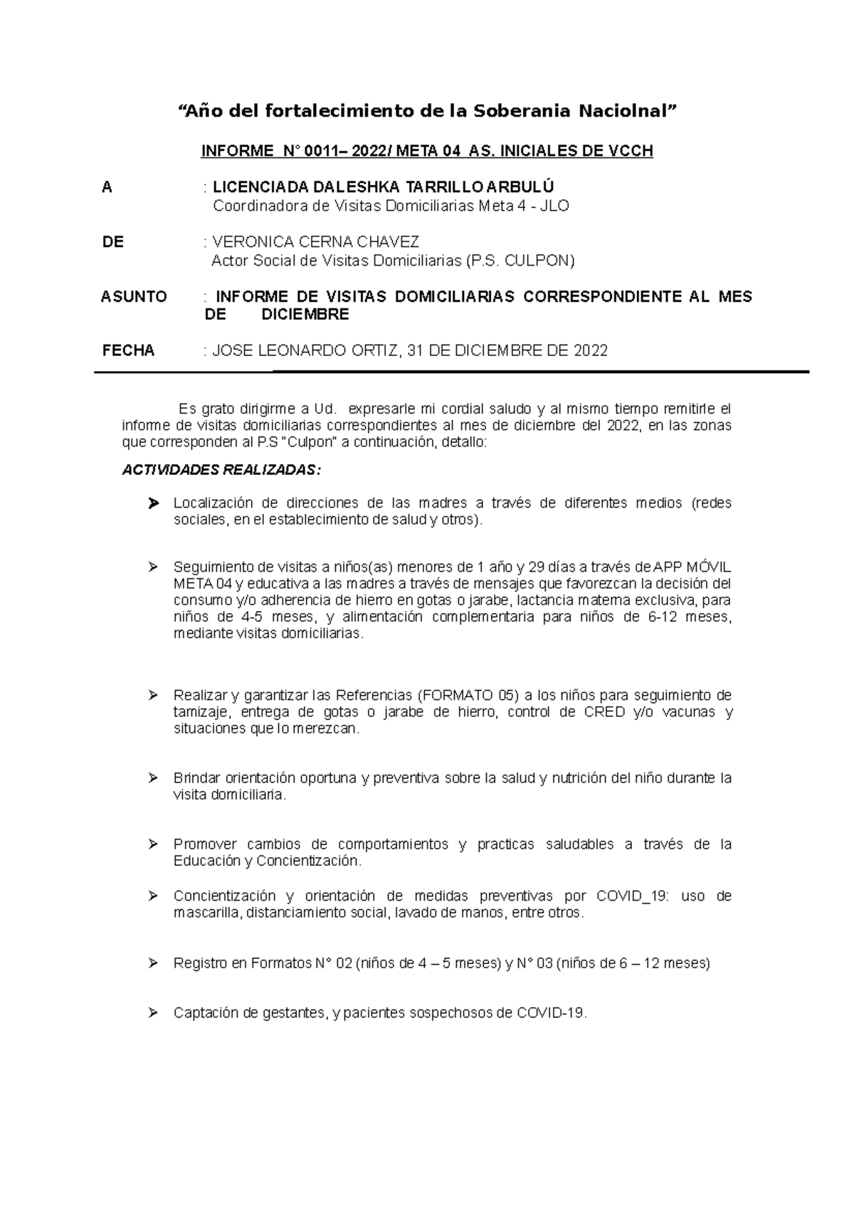 Informe DE Diciembre - Veronica Culpon - “Año del fortalecimiento de la ...