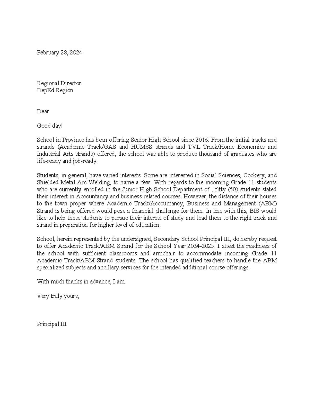 JDVP letter of intent - February 28, 2024 Regional Director DepEd ...