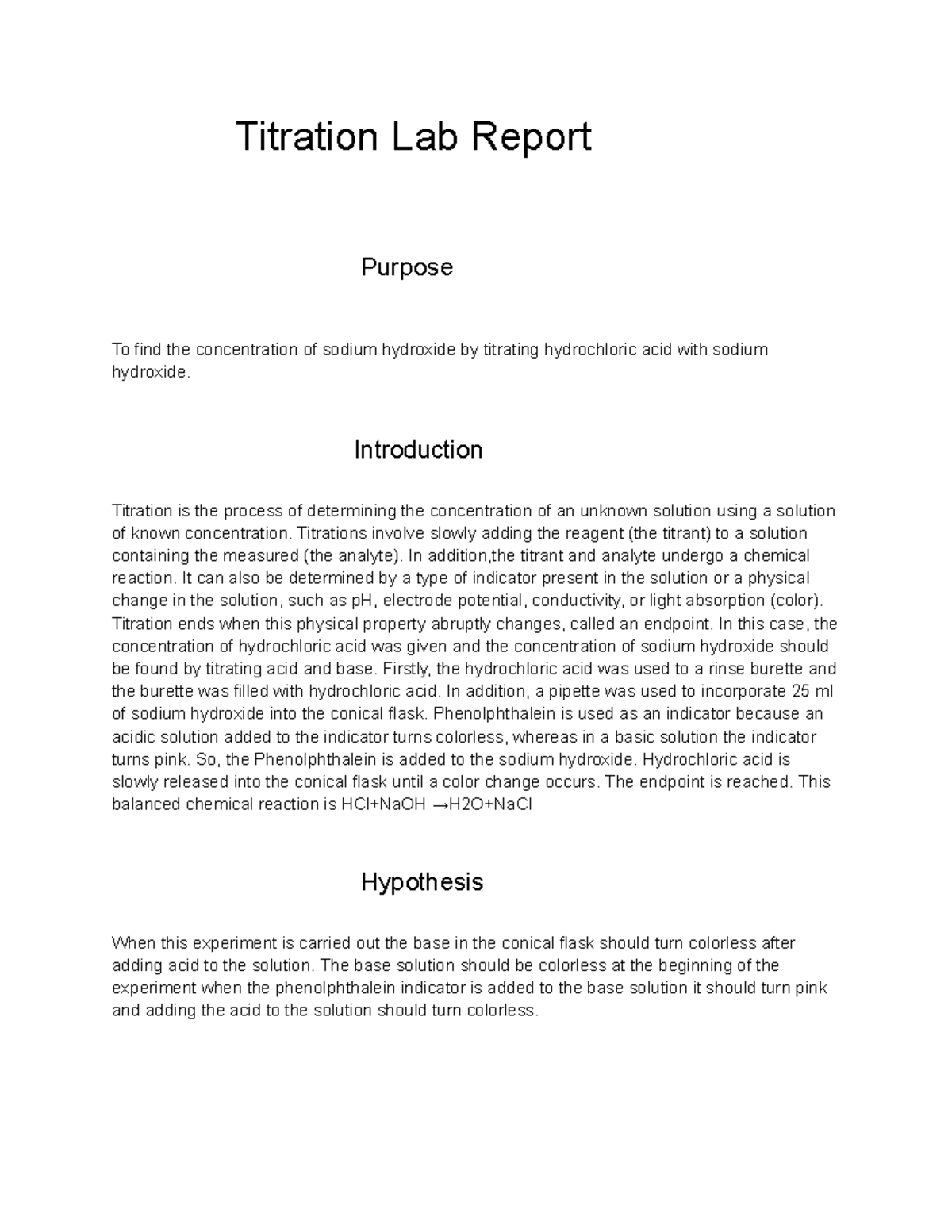 Titration Lab Report - Titration Lab Report Purpose To find the concentration of sodium ...