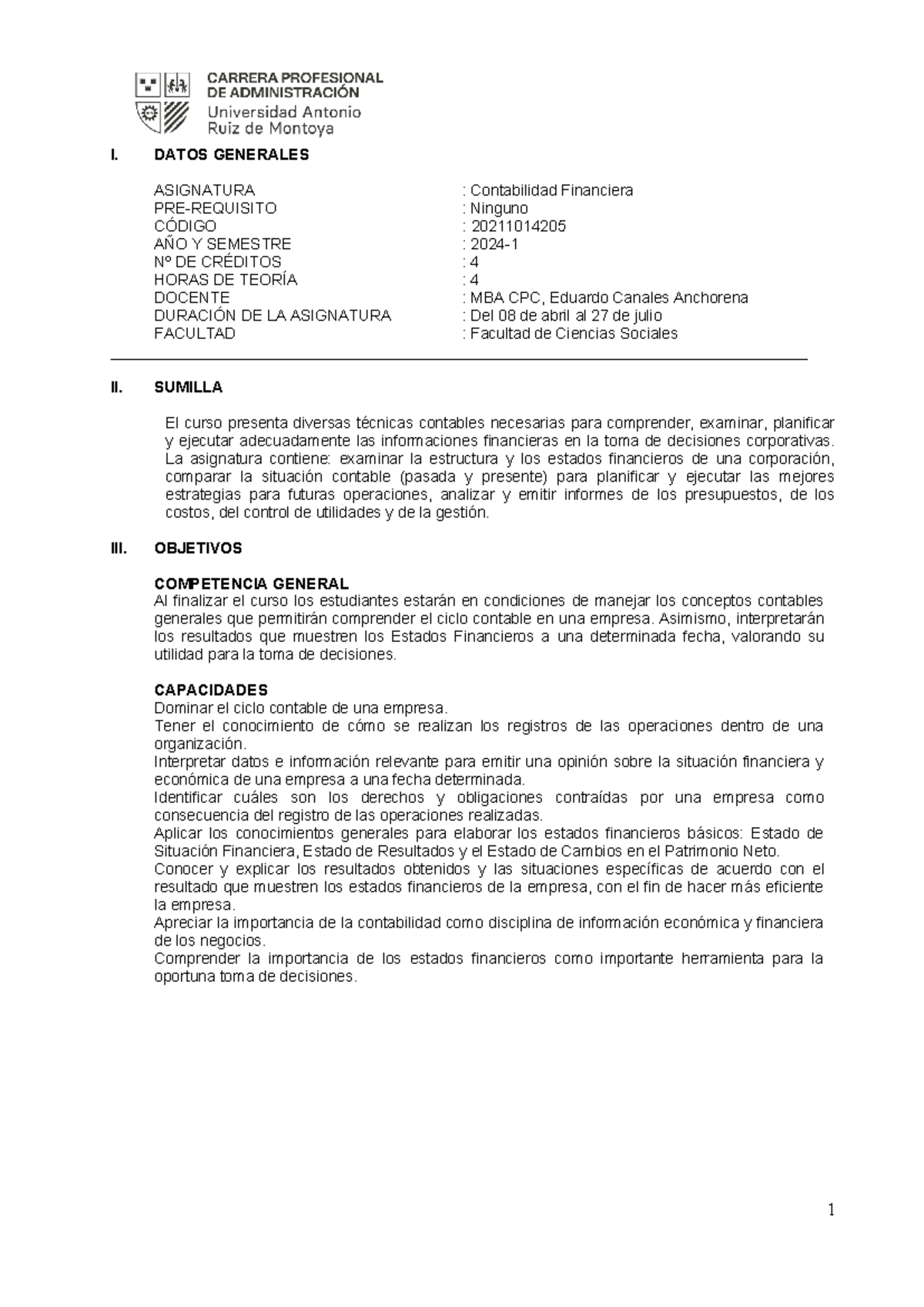 Silabo Contabilidad Financiera 2024 01 - I. DATOS GENERALES ASIGNATURA ...