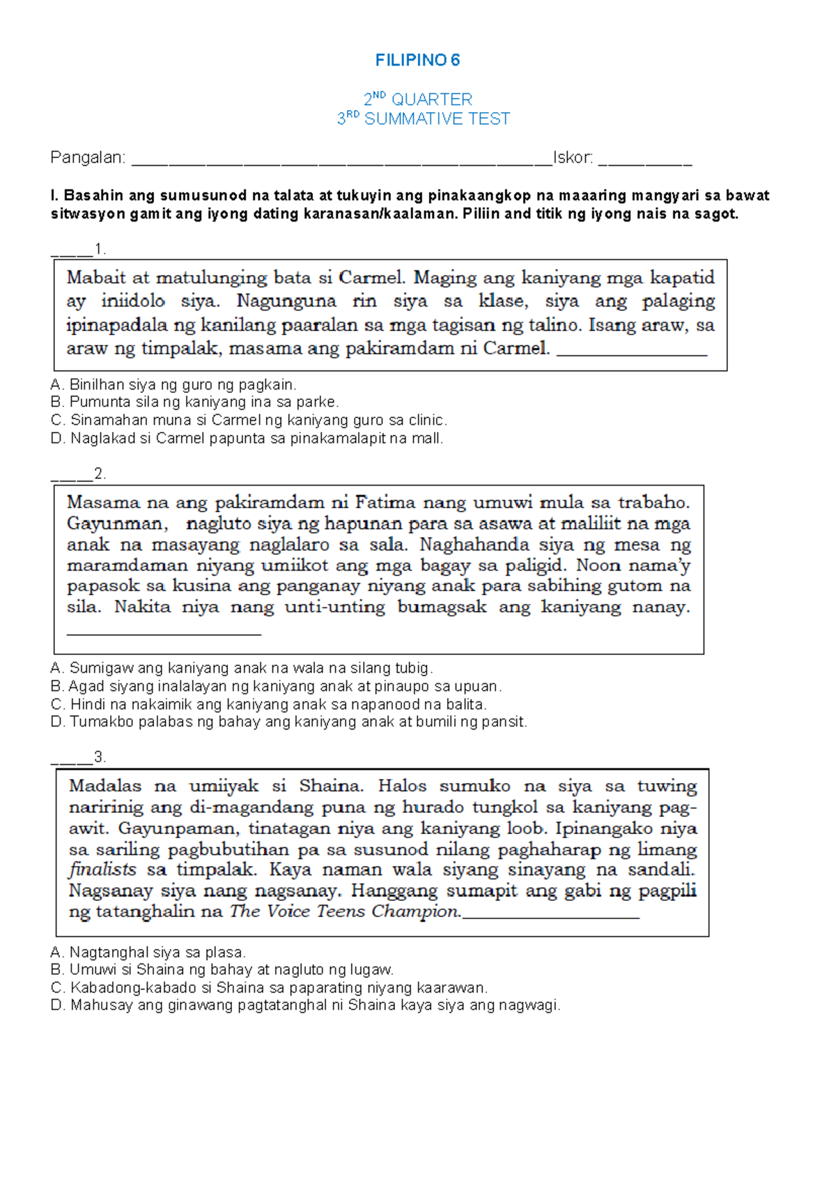 Filipino GR - ASSESSMENT - FILIPINO 6 2 ND QUARTER 3 RD SUMMATIVE TEST ...