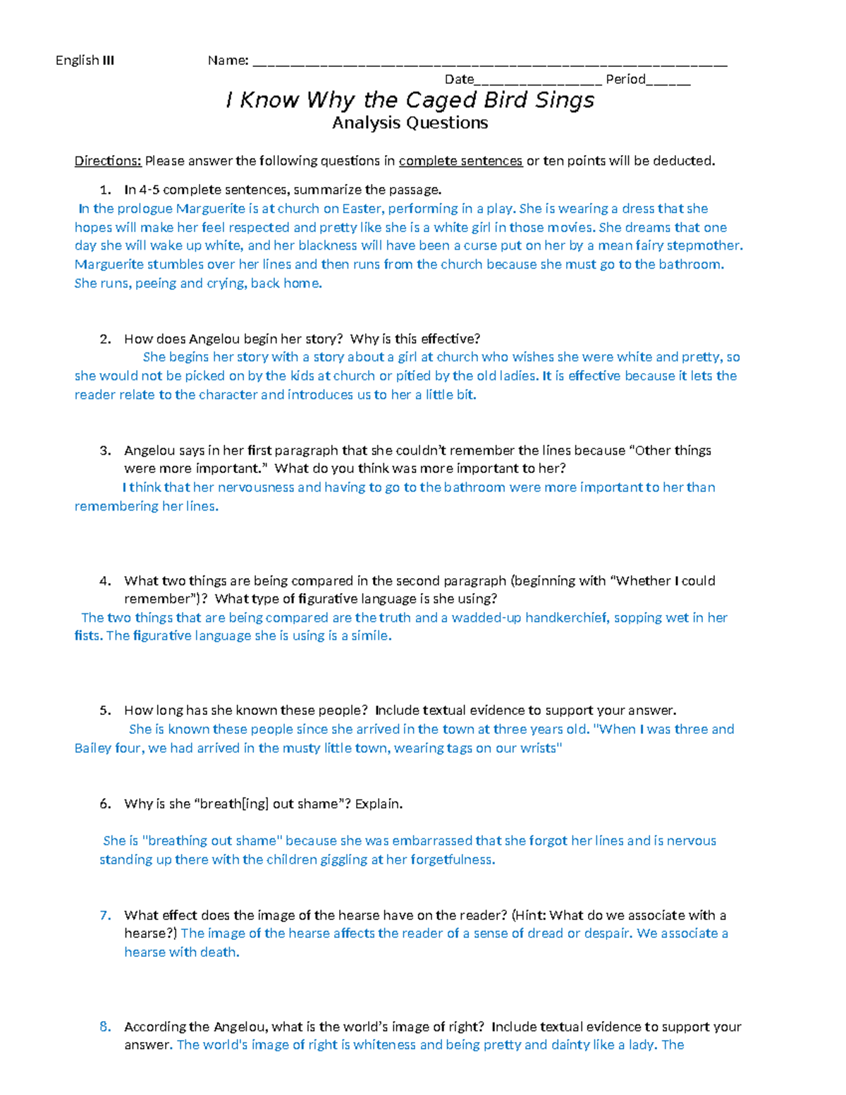 Caged Bird analysis+ completed - English III Name: - Studocu