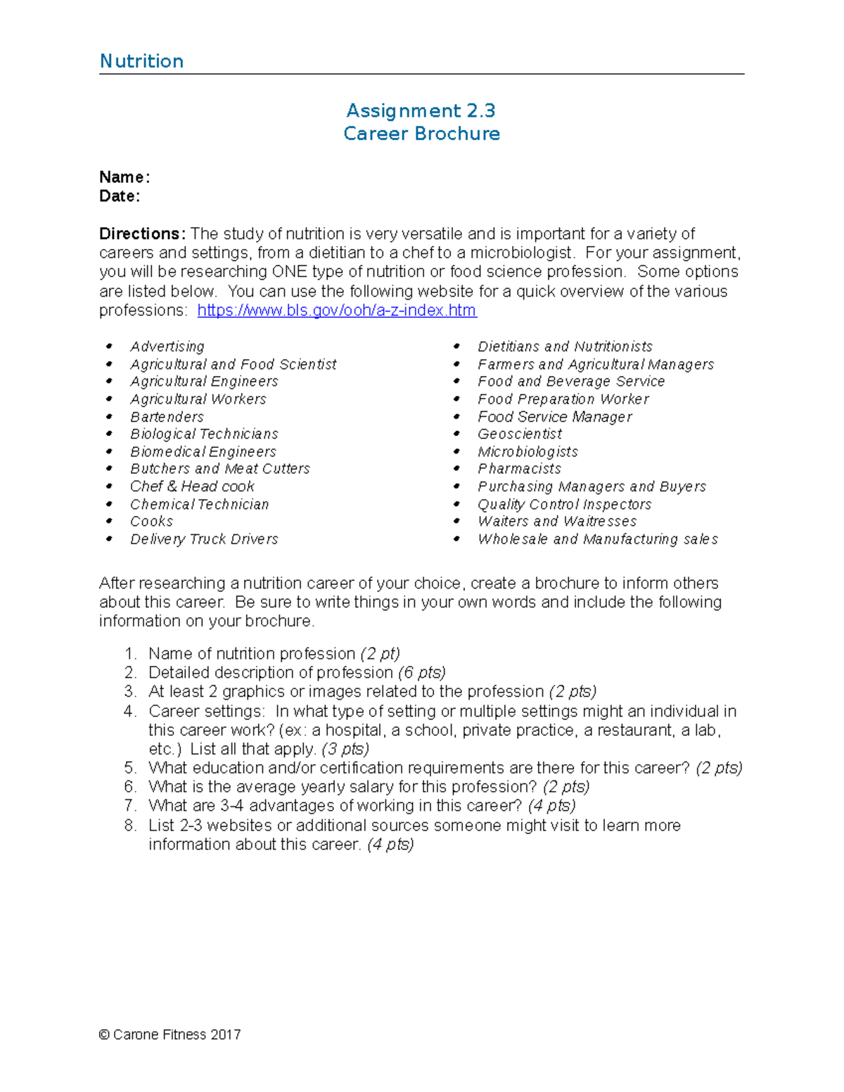 2 - ahsh8 - Nutrition Assignment 2. Career Brochure Name: Date ...