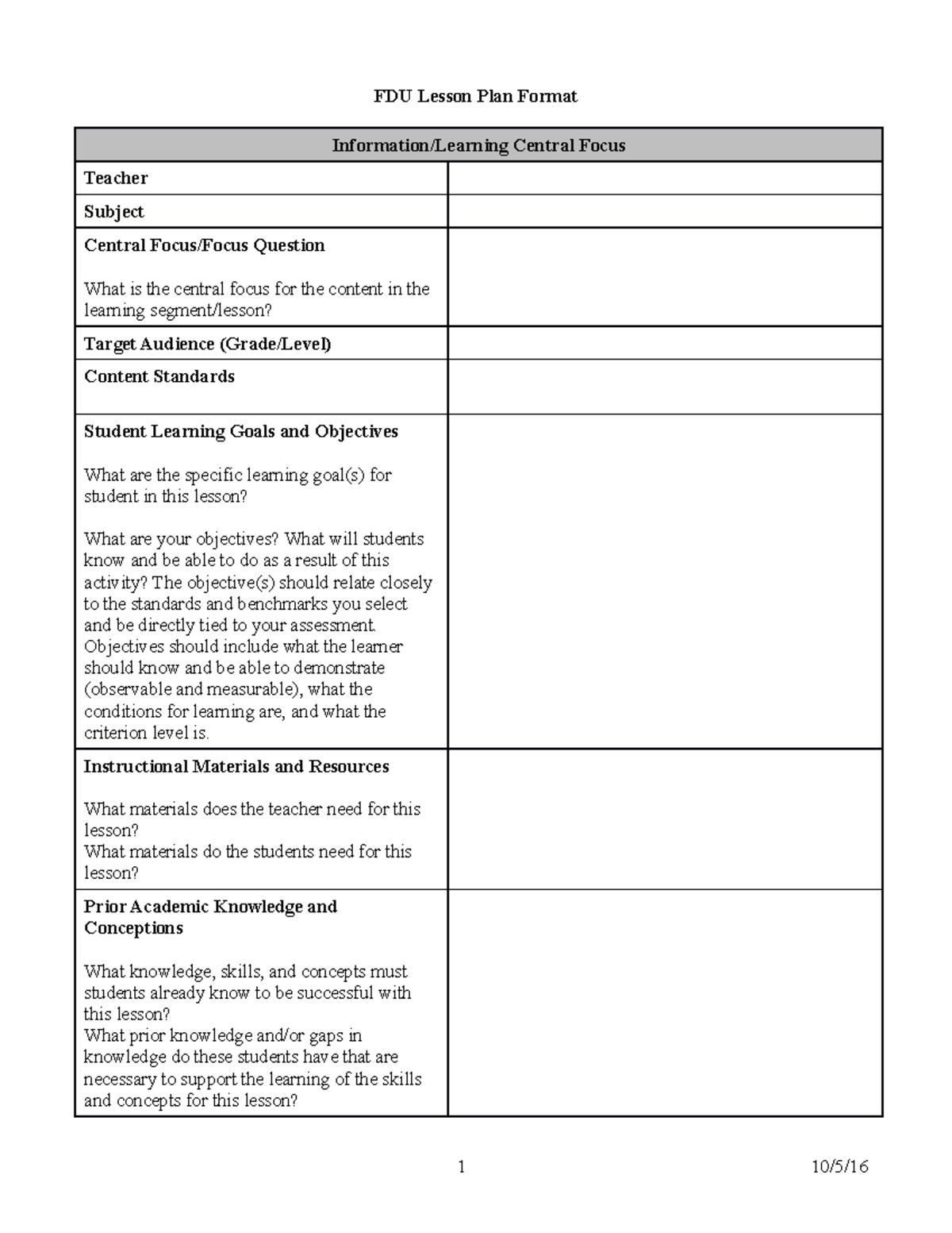 FDU Lesson Plan Template 2016 - FDU Lesson Plan Format Information ...
