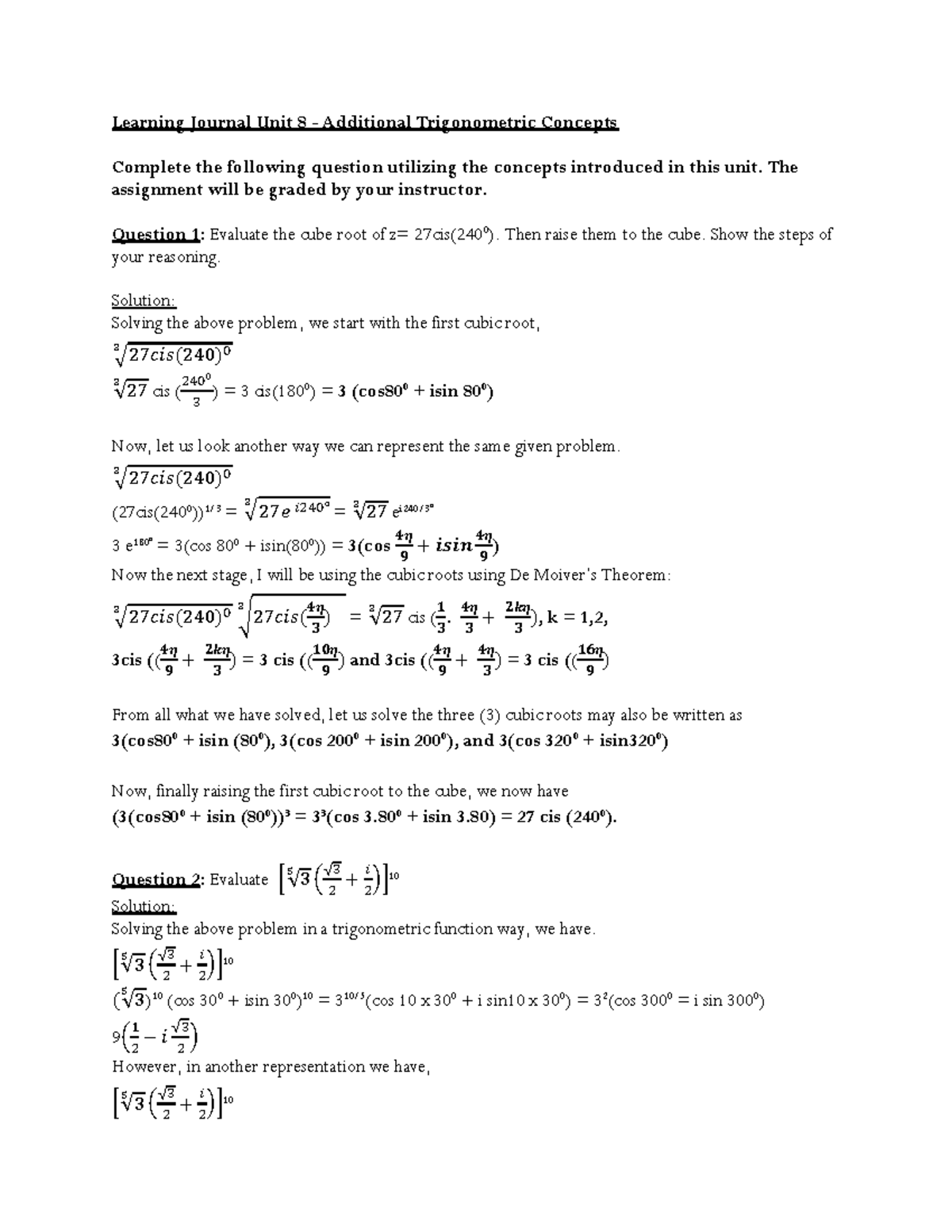MATH 1201 Unit 8 Learning Journal - Learning Journal Unit 8 - Additional Trigonometric Concepts ...