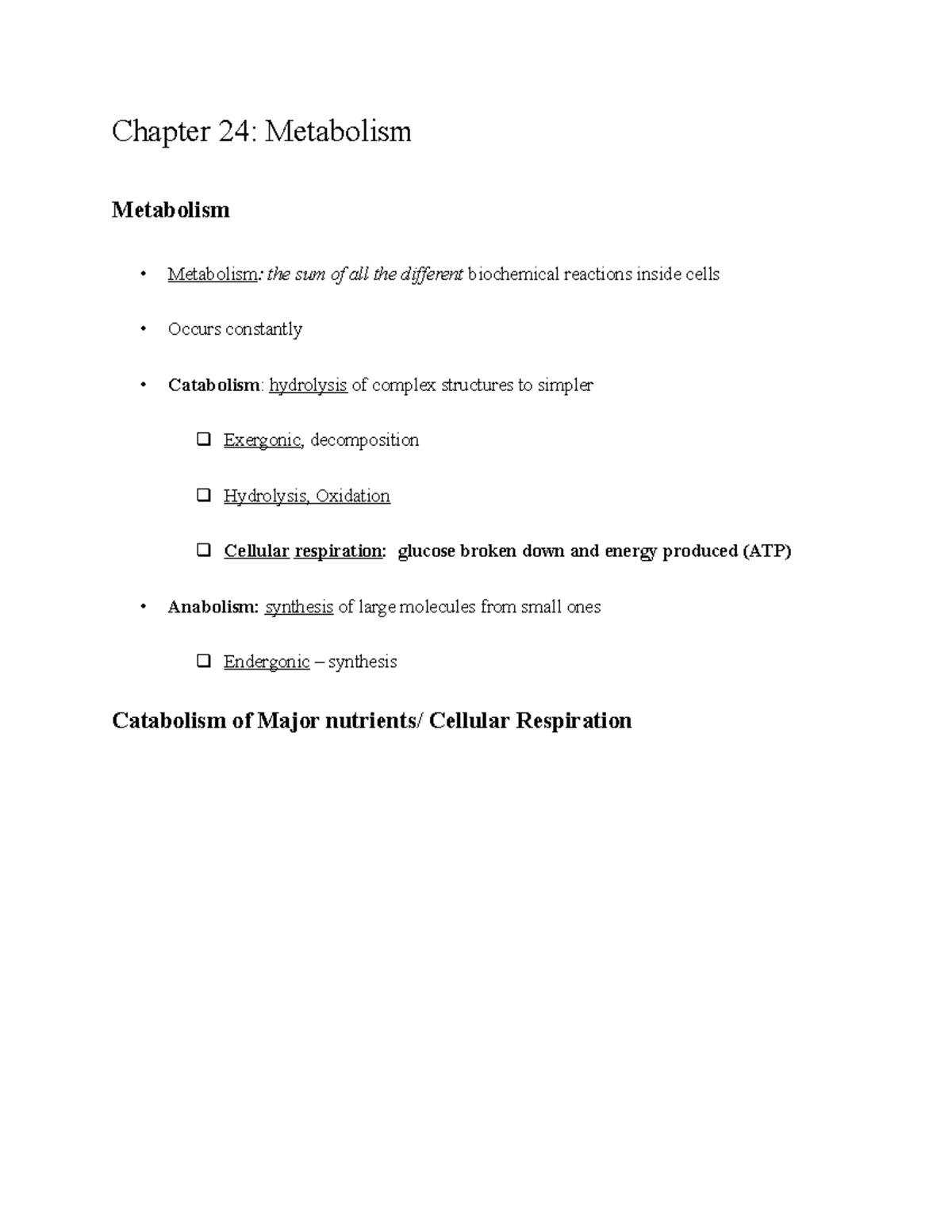 Chapter 24 Metabolism part 1 - Chapter 24: Metabolism Metabolism ...