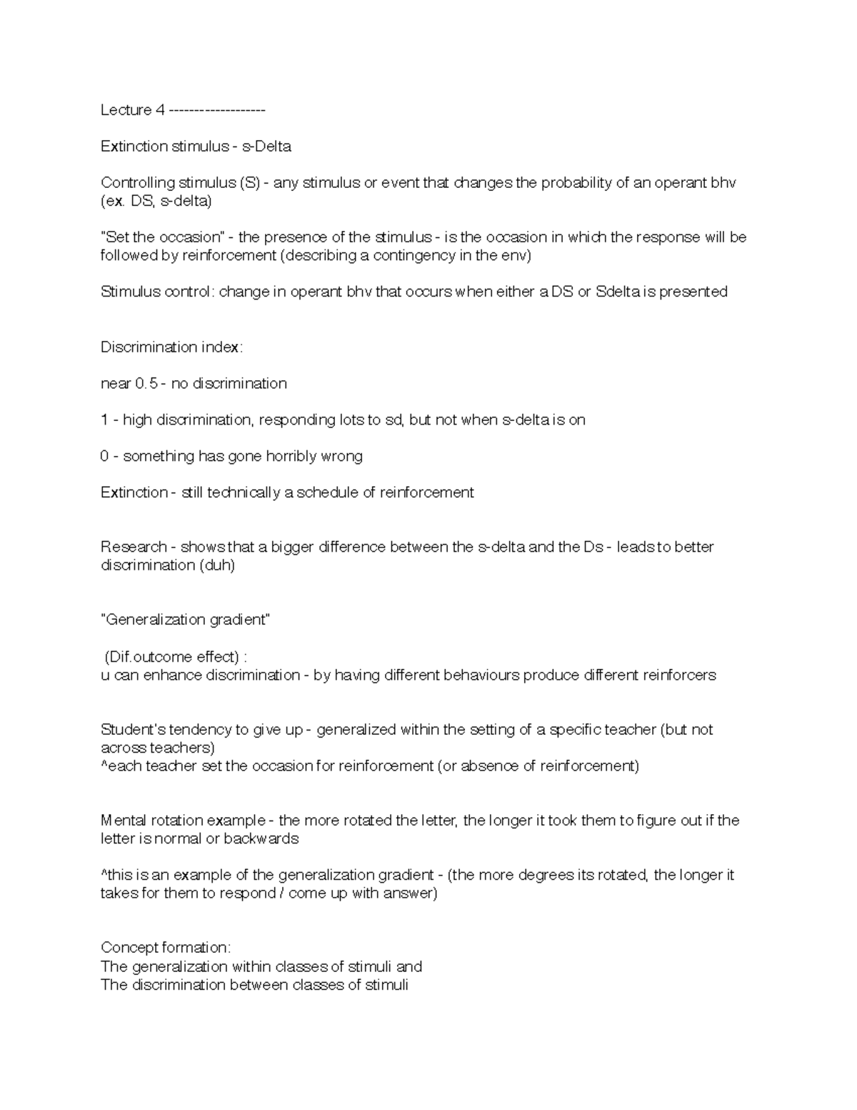 L282 lecture 4 Pdfsd - Lecture 4 - Extinction stimulus - s-Delta ...