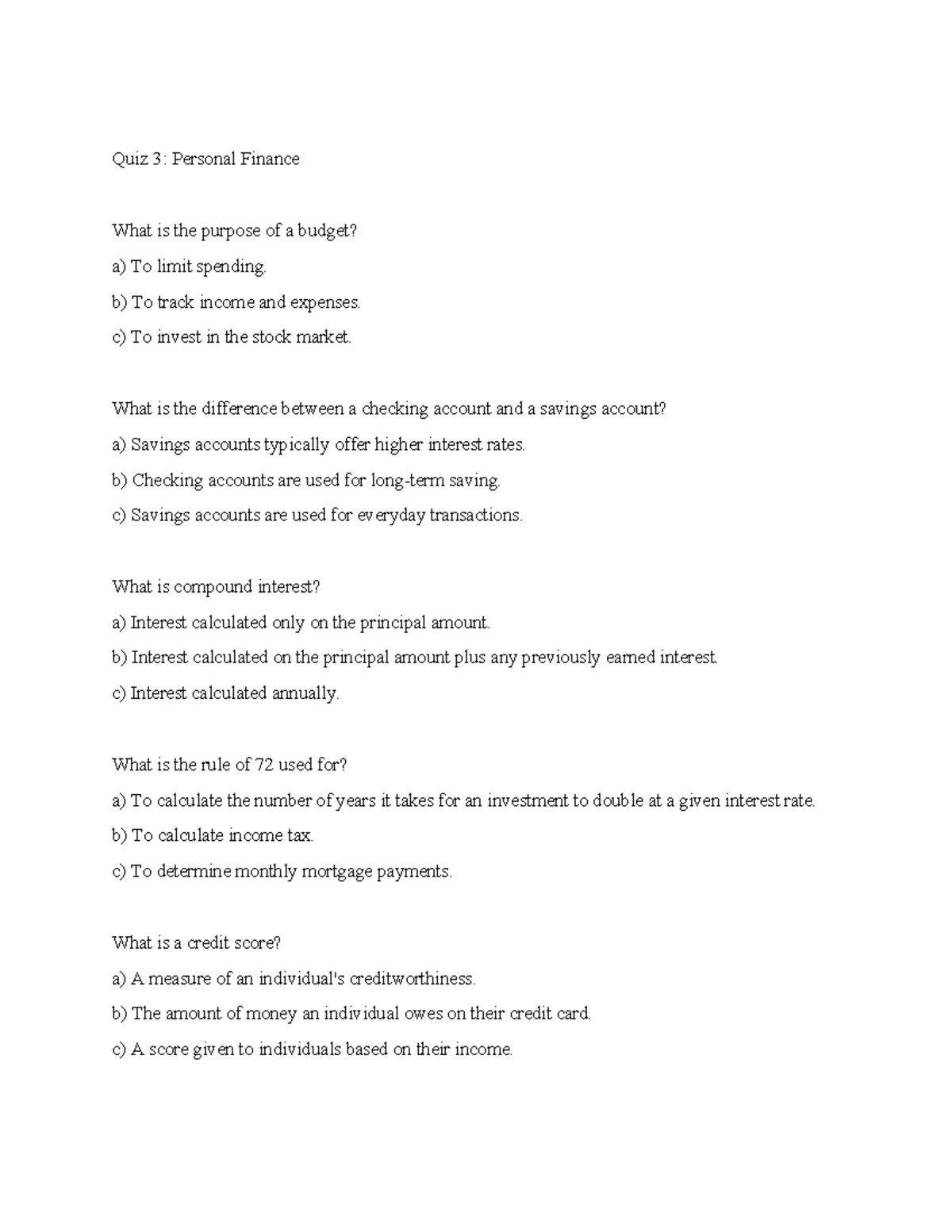 Personal Finance Quiz - Quiz 3: Personal Finance What is the purpose of ...