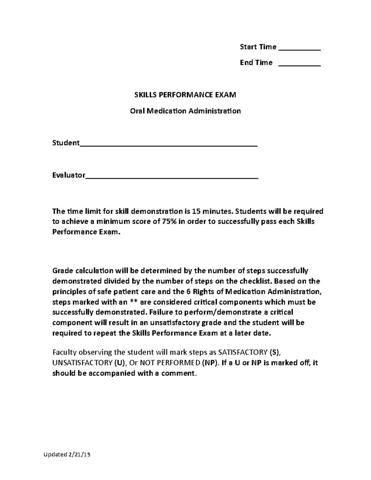 Oral (PO) Medication Administration Skills Checklist, Fa 20 - NURS 3139 ...