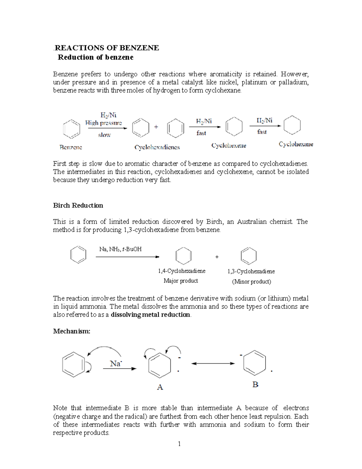 .SCH 2302 Lecture 2 1664271145000 - 1 .REACTIONS OF BENZENE Reduction ...