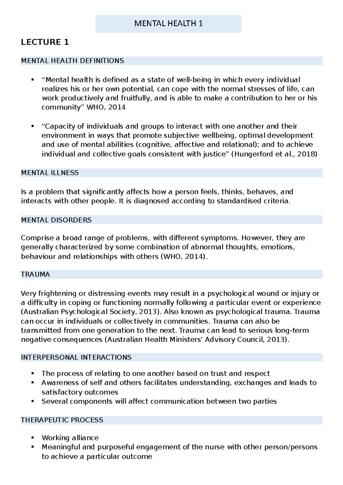 Mental health 1 notes - LECTURE 1 MENTAL HEALTH DEFINITIONS “Mental ...