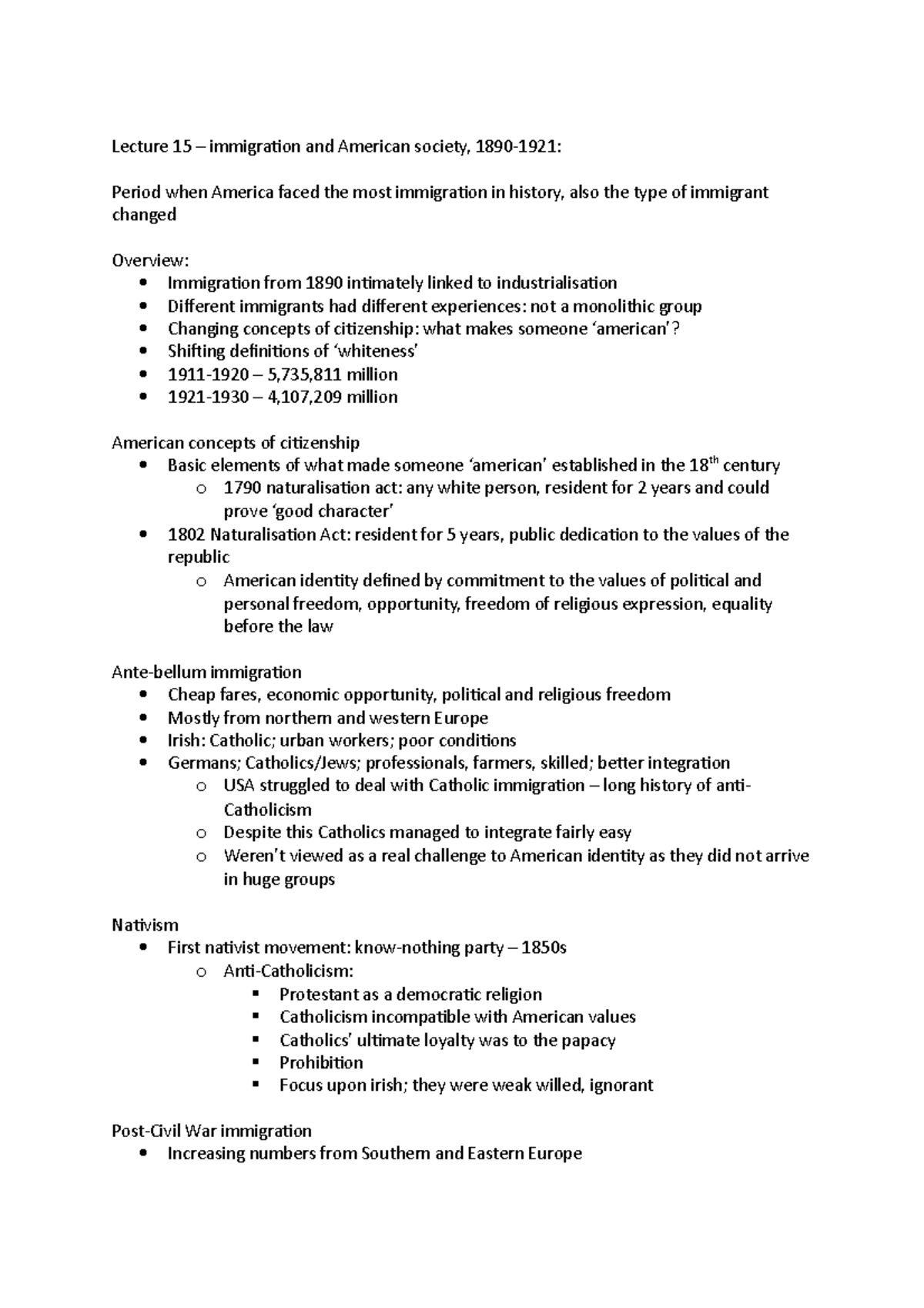 Lecture 15 - Immigration and American society, 1890-1921 - Lecture 15 ...