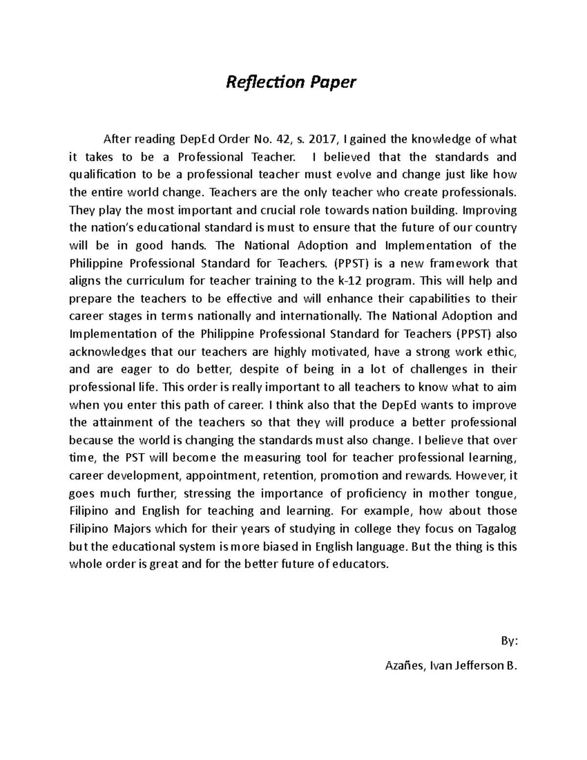 Reflection Paper - fgfdg - Reflection Paper After reading DepEd Order ...