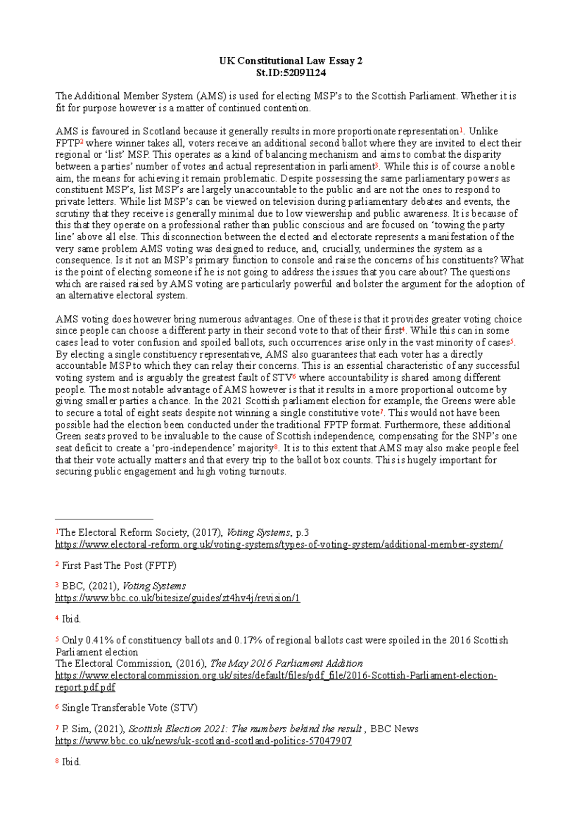 Essay 2 - UK Constitutional Law Essay 2 St: The Additional Member ...