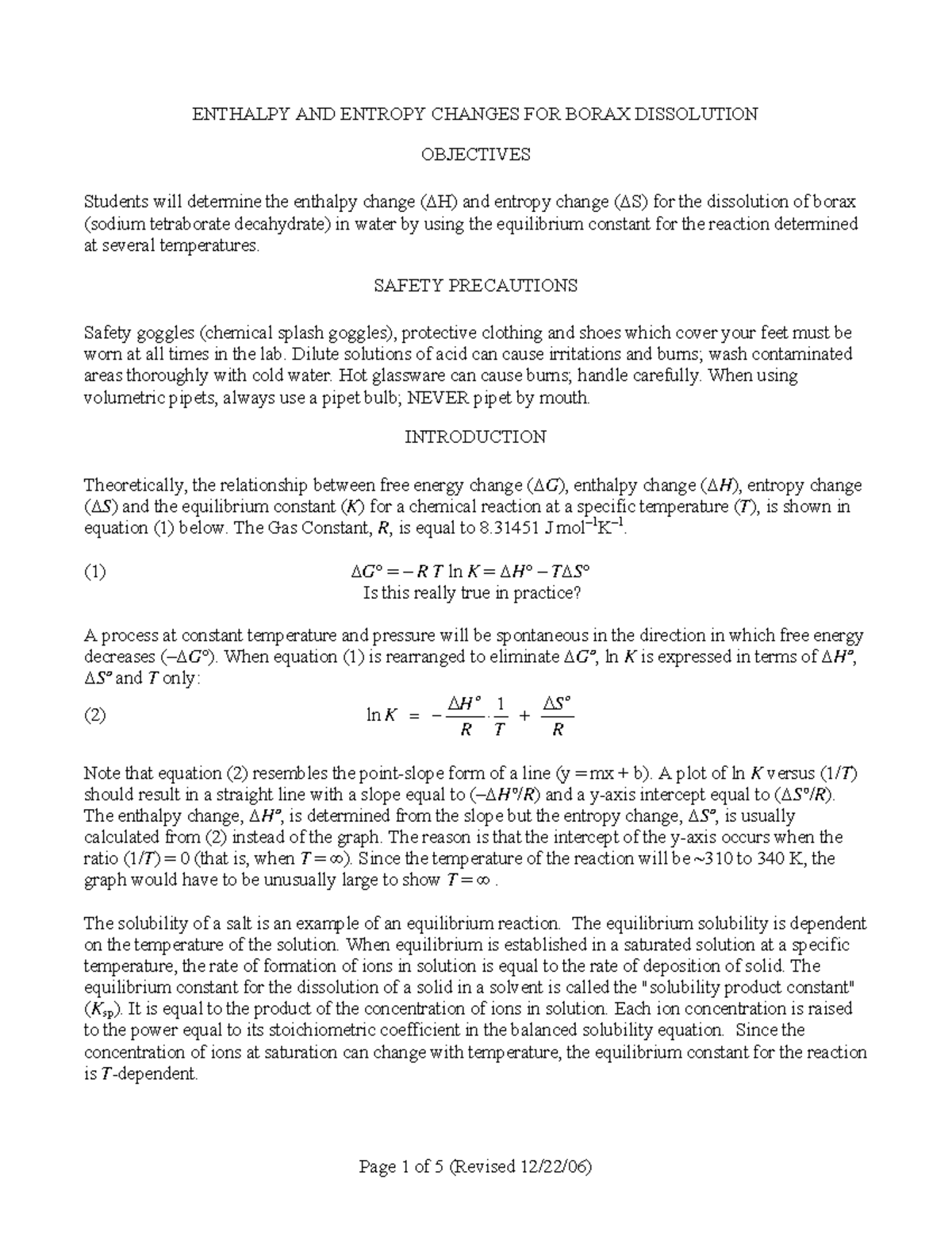 Borax 4a Enthalpy Lab UIC - ENTHALPY AND ENTROPY CHANGES FOR BORAX DISSOLUTION OBJECTIVES ...