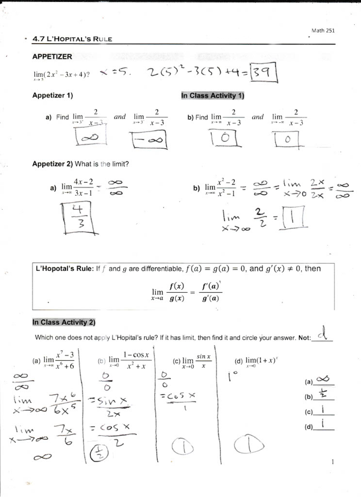 Math251-L'Hopital's Rule-Page 1 - MATH 110B - City College - Studocu
