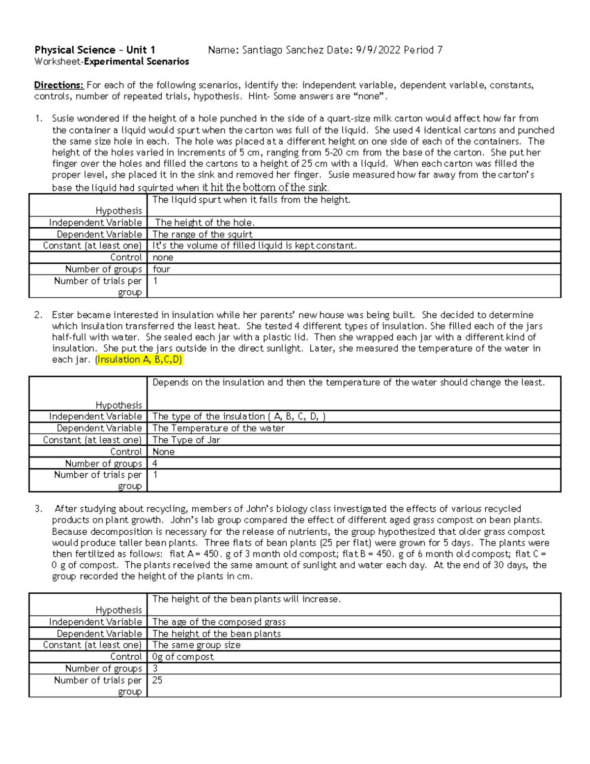2 1 Experiment Scenarios - Physical Science – Unit 1 Name: Santiago ...
