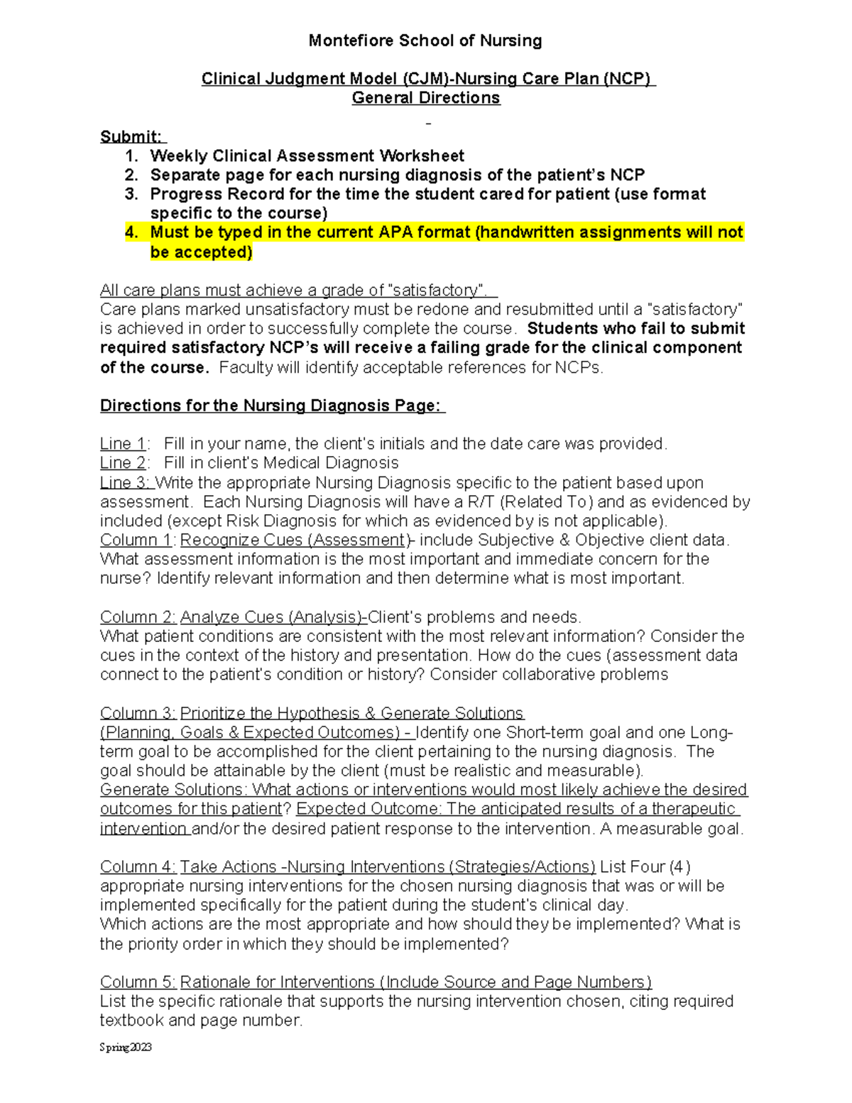 CJM Nursing Care Plan Directions 1 - Spring 2024 - Montefiore School of ...