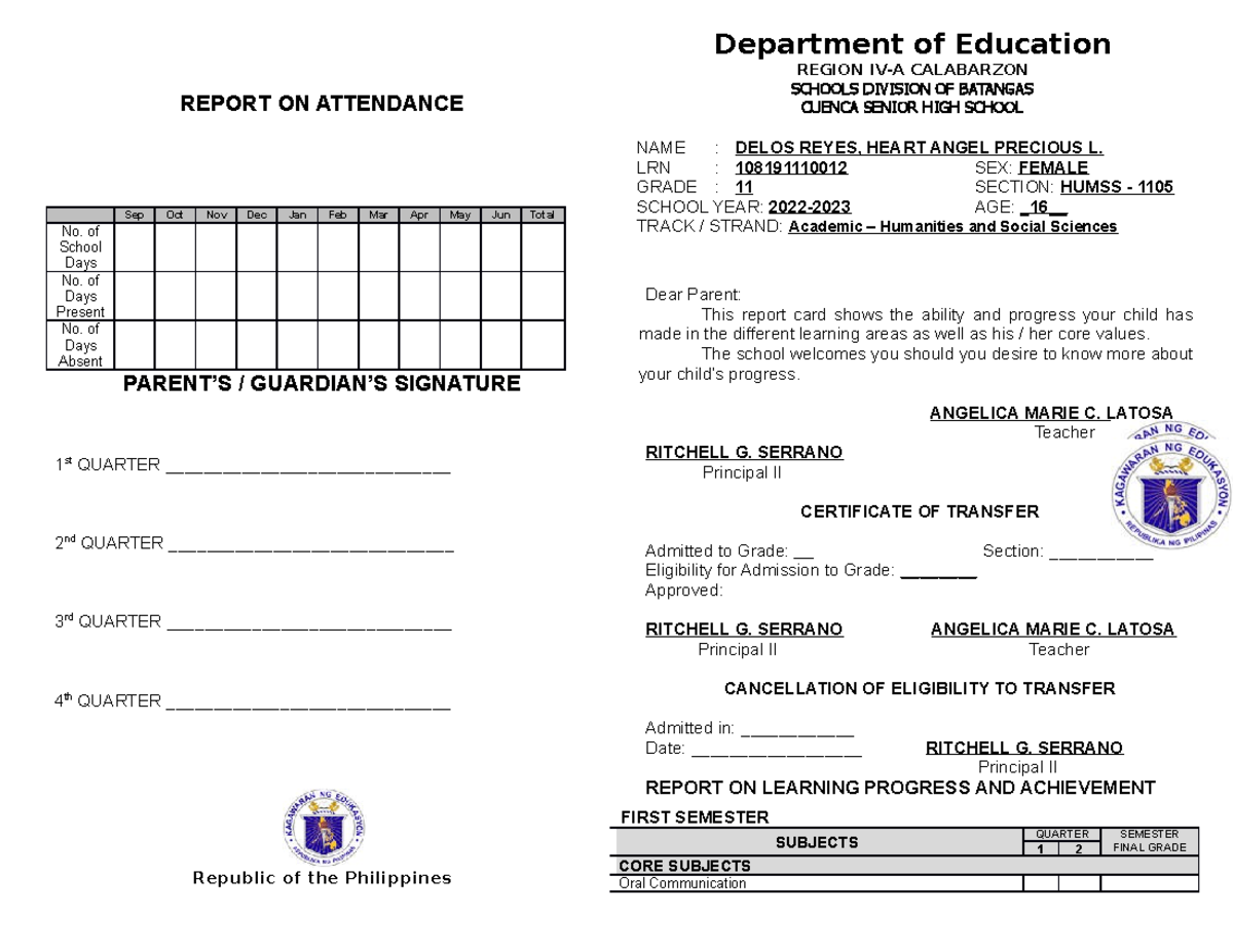 Delos Reyes Heart - about law - REPORT ON ATTENDANCE PARENT’S ...