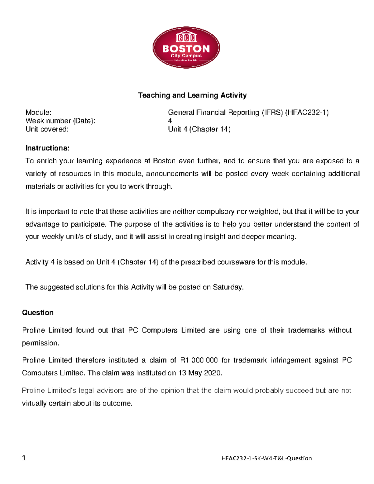 HFAC232-1-SK-TL-W4-UNIT 4 ( Chapter 14)-Question-1 - 1 HFAC232- 1 - SK ...