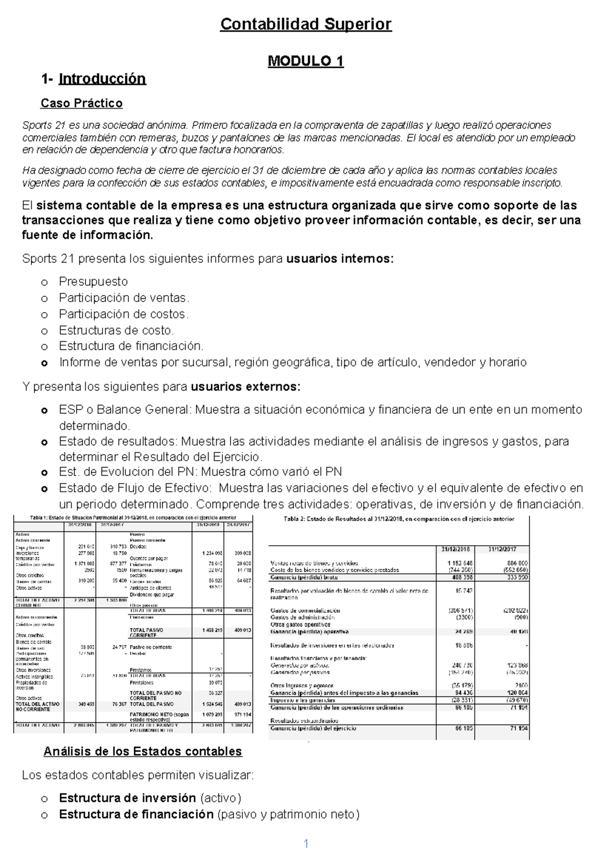 Conta Sup Parcial 1 - Contabilidad Superior MODULO 1 1- Introducción Caso Práctico Sports 21 es ...
