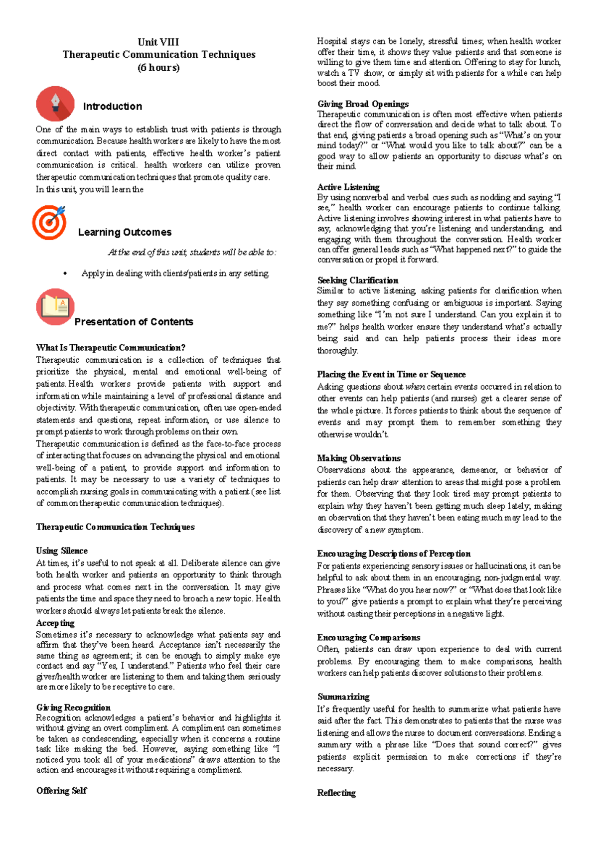 FOHC 8. PH 51 - HEALTH CARE - Unit VIII Therapeutic Communication ...