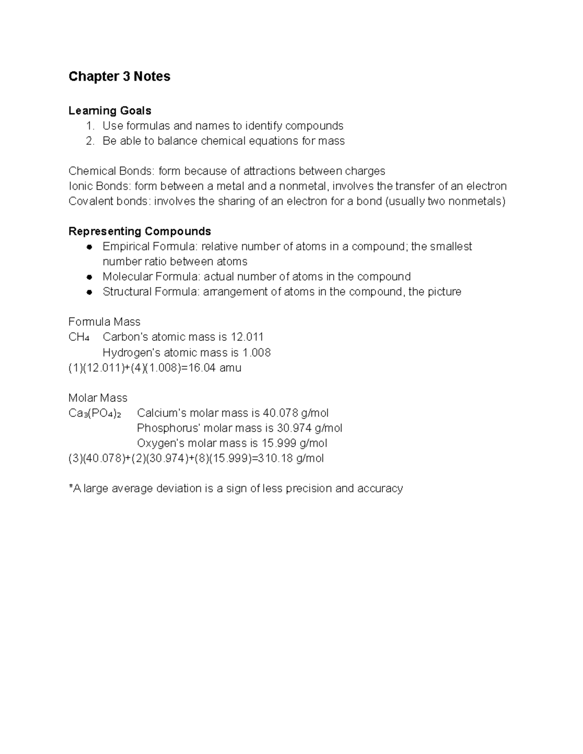 Chapter 3 Notes - Chapter 3 Notes Learning Goals 1. Use formulas and ...