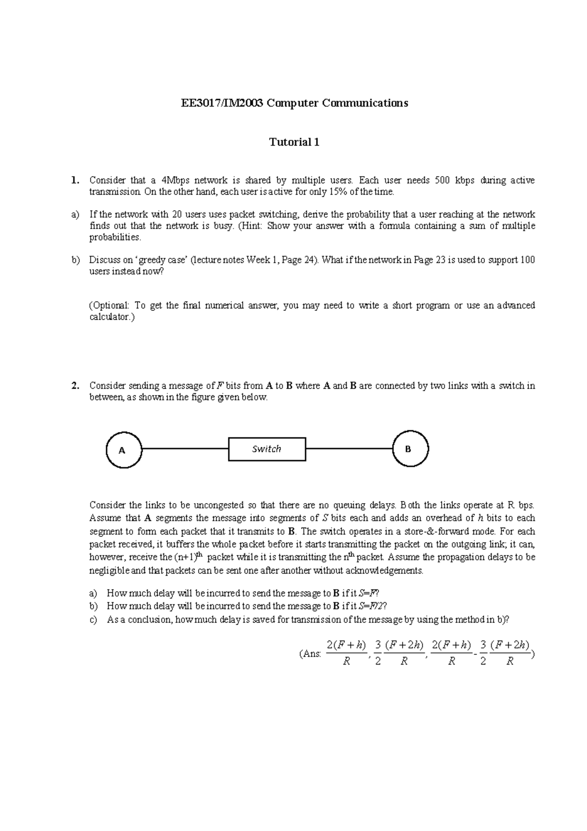 EE3017 IM2003 Tutorial 1 - EE3017/IM2003 Computer Communications ...