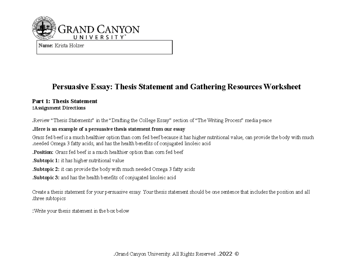 Thesis Statement and Gathering Resources worksheet - Review “Thesis ...