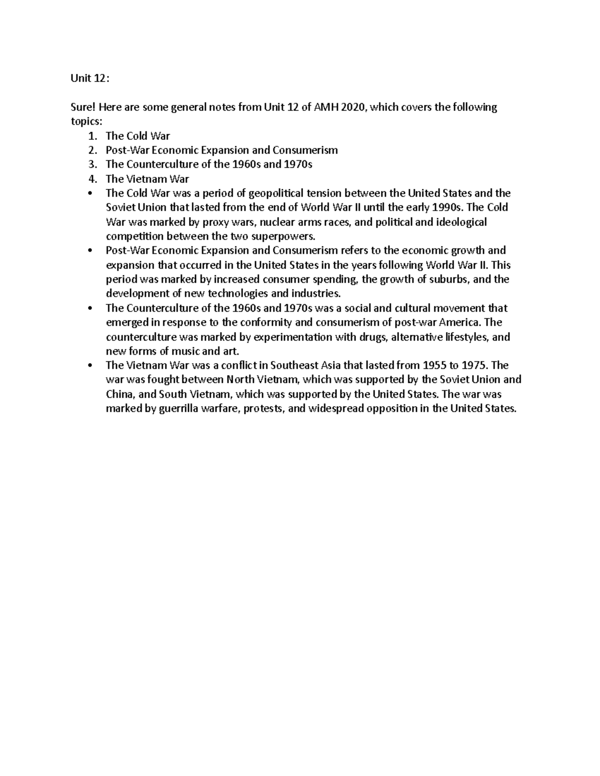 Unit 12 - Unit 12 Notes AMH - Unit 12: Sure! Here are some general ...