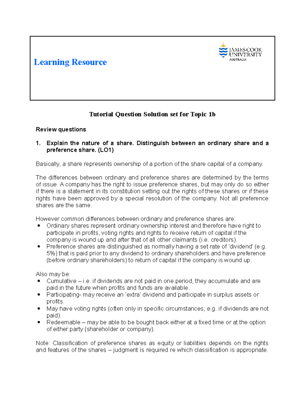 Topic 1b Tutorial Question Solutions - Tutorial Question Solution set ...