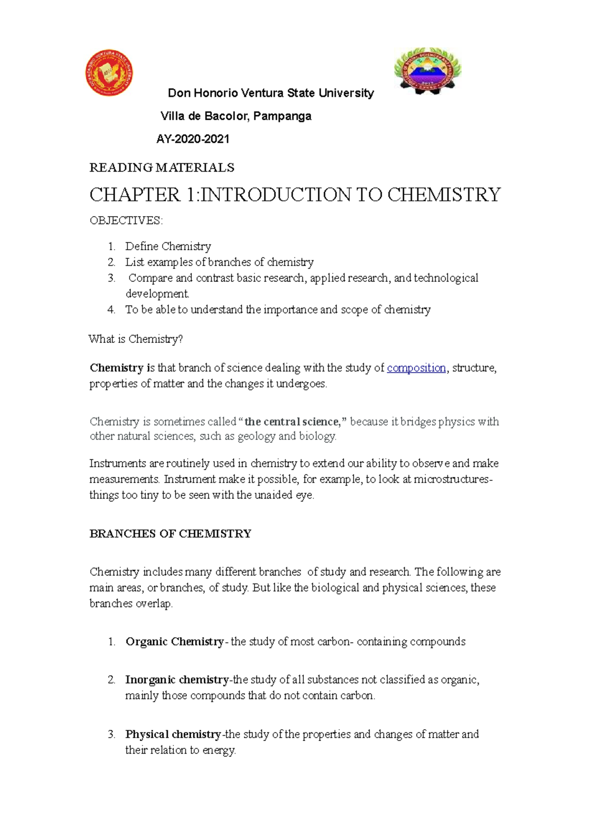 Chapter 1 Introduction to Chemistry - Villa de Bacolor, Pampanga AY ...