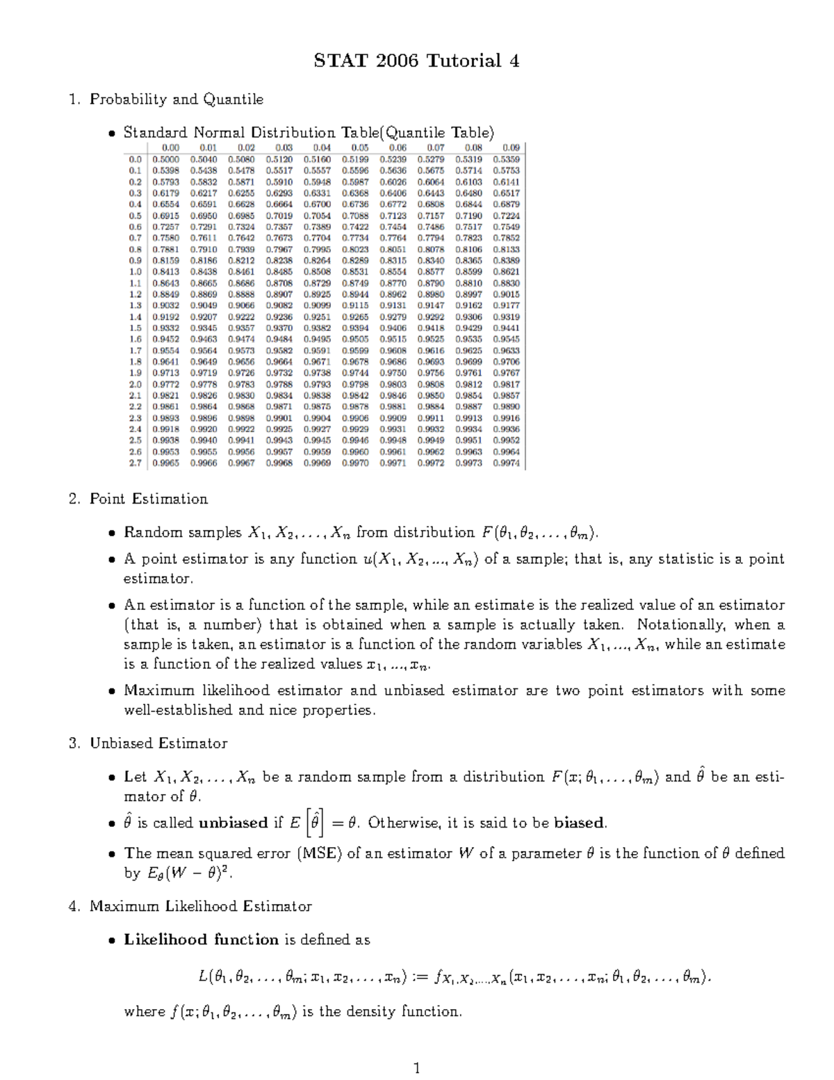 Tutorial 4, point estimation and unbiased estimator - STAT 2006 Tutorial 4 Probability and ...