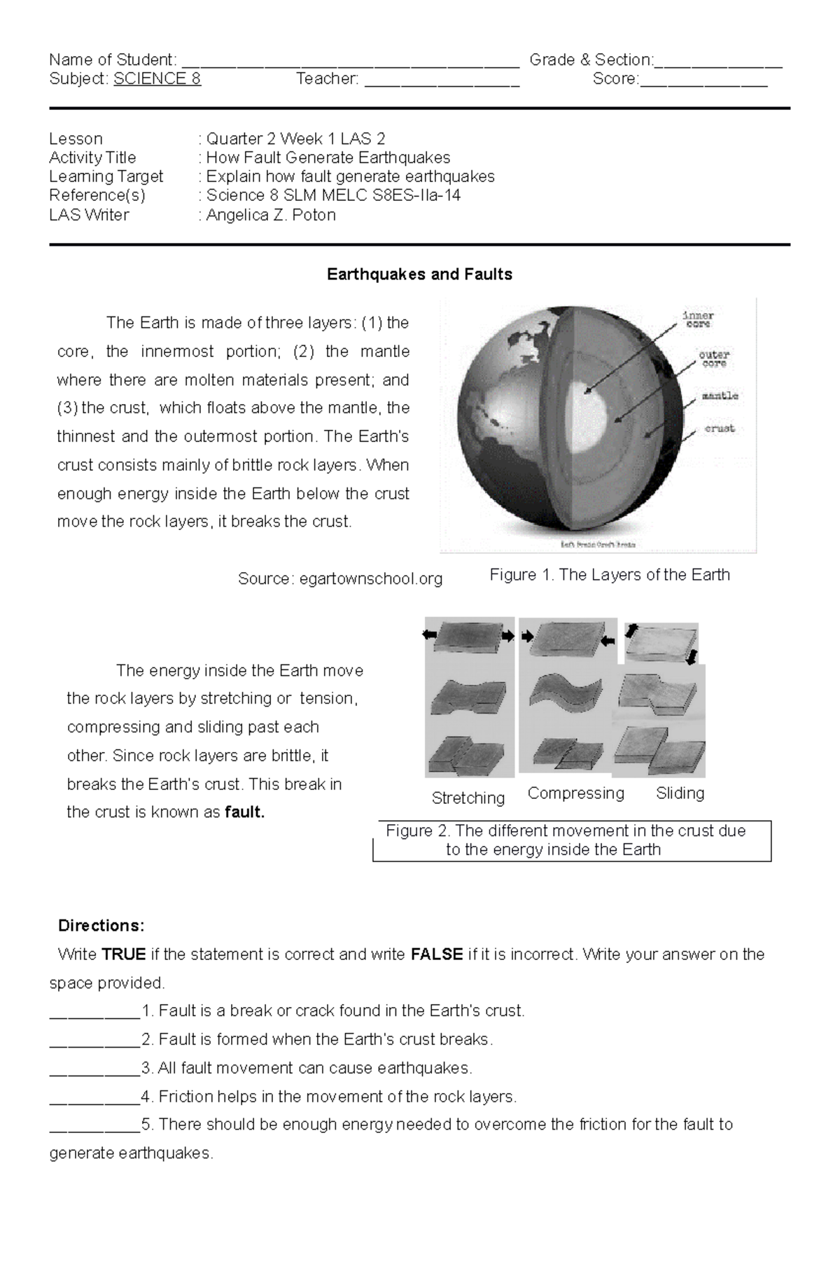 Science 8 Week 1 LAS 2 - Stretching Compressing Sliding Name of Student ...